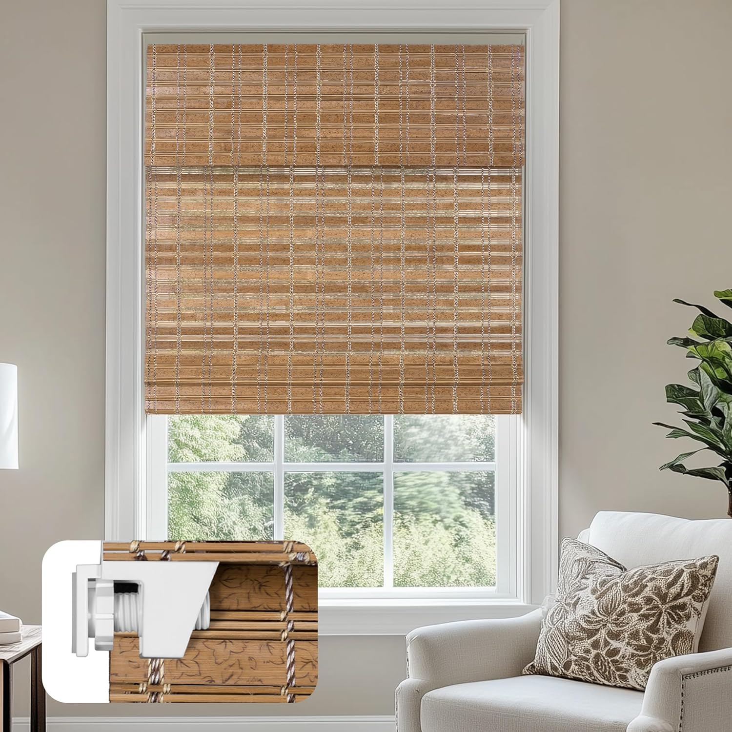 SEEUNANA No Drill Blinds for Windows, Bamboo Roman Shades with Valance ...