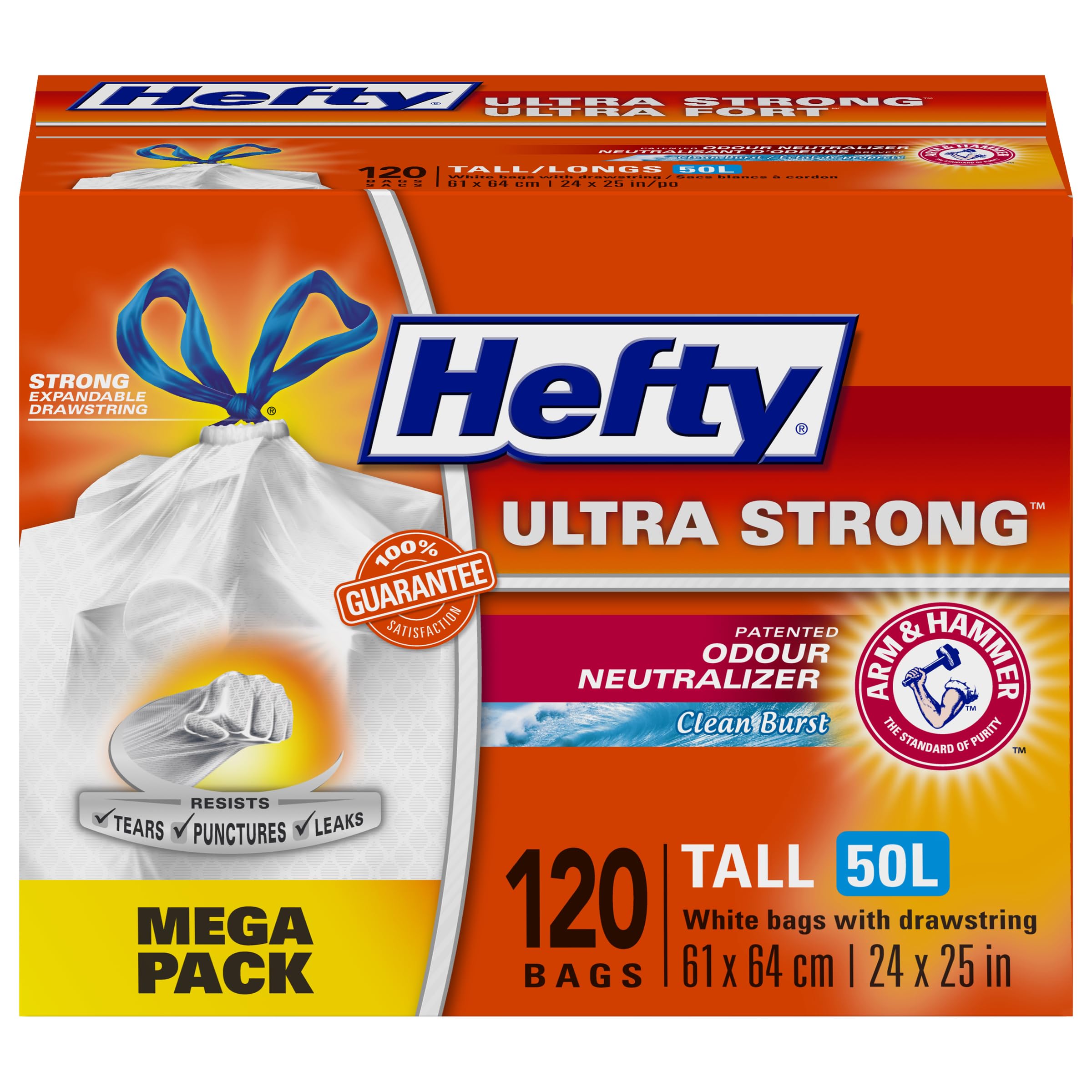 Hefty® Garbage Bags, Ultra Strong Tall 50 Litres White, Drawstring, Arm ...