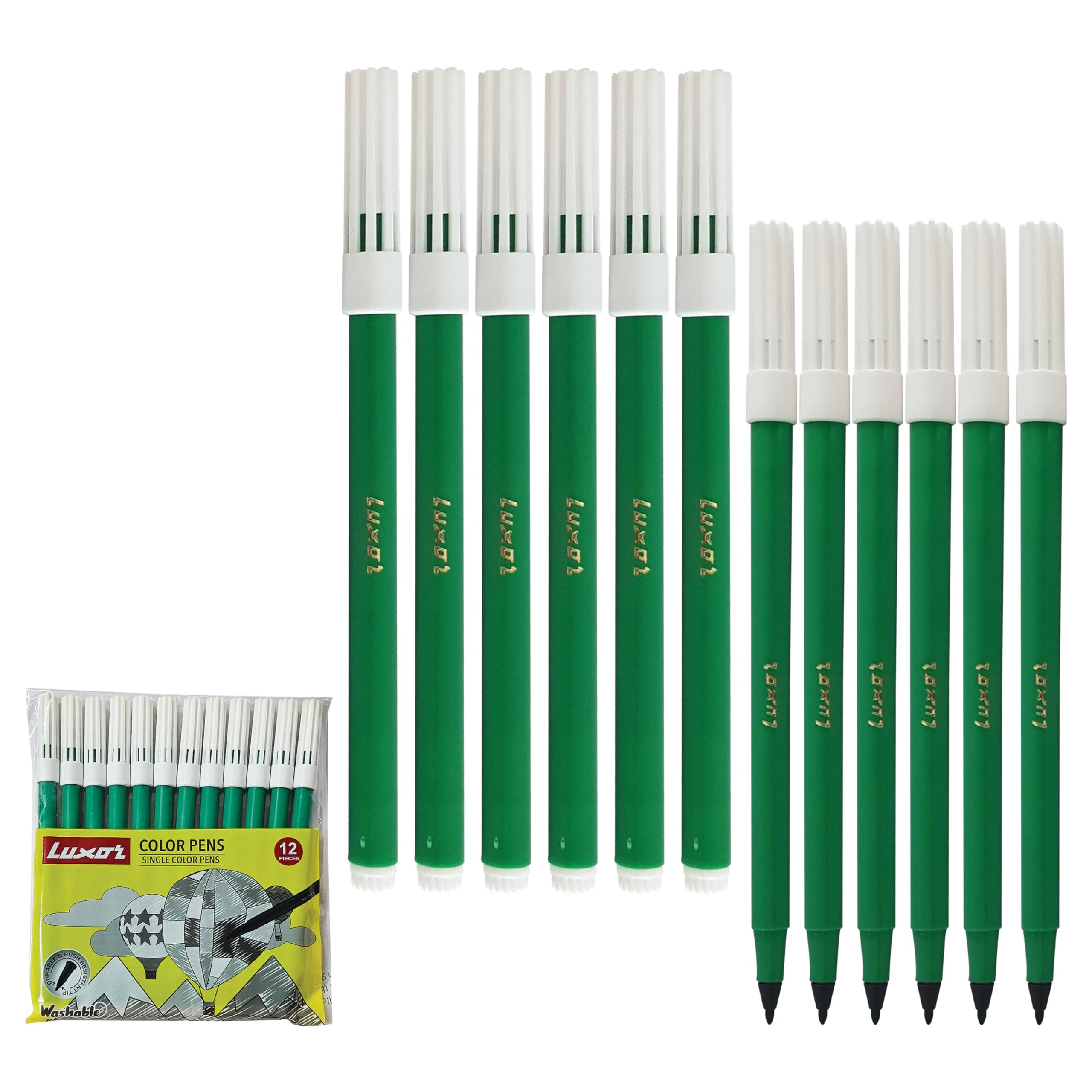 LUXSIN Single Colour Felt Tip Pens, GREEN, Fine Point, Pack of 12 ...