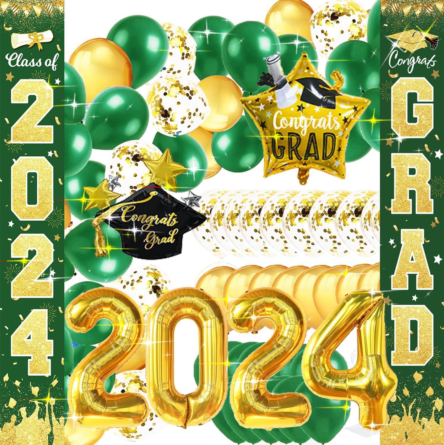 Amazon.com: Graduation Decorations Green Gold 2024/Green Gold Balloons ...