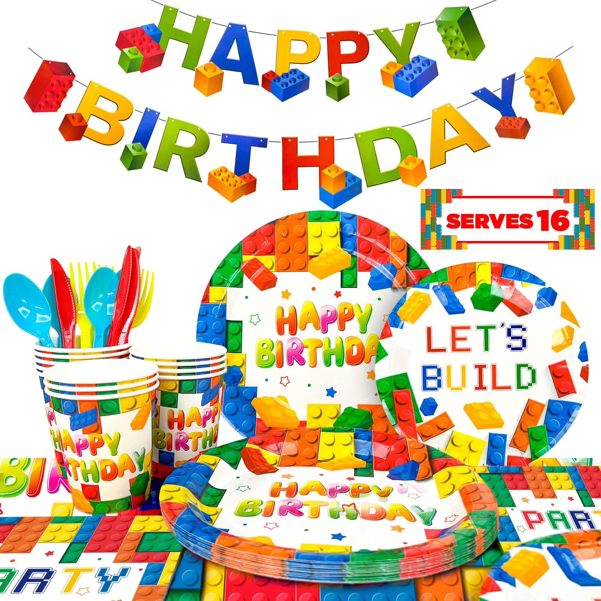 Amazon.com: Unique Building Blocks Birthday Party Bundle | Luncheon ...