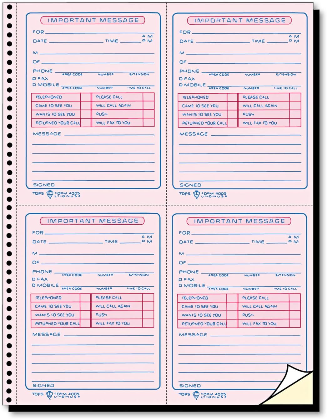 Tops Phone Message Book, Spiral Bound, 2-Part, Carbonless, White and ...