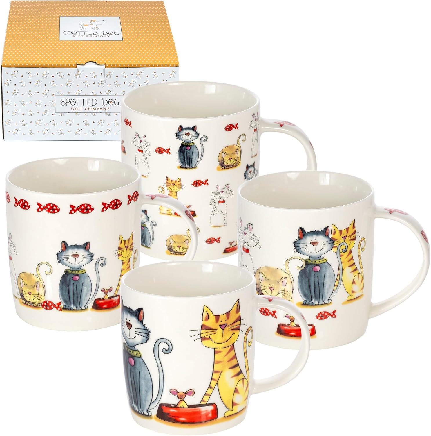 SPOTTED DOG GIFT COMPANY Cat Mugs Set of 4 – 350ml Ceramic China Coffee ...