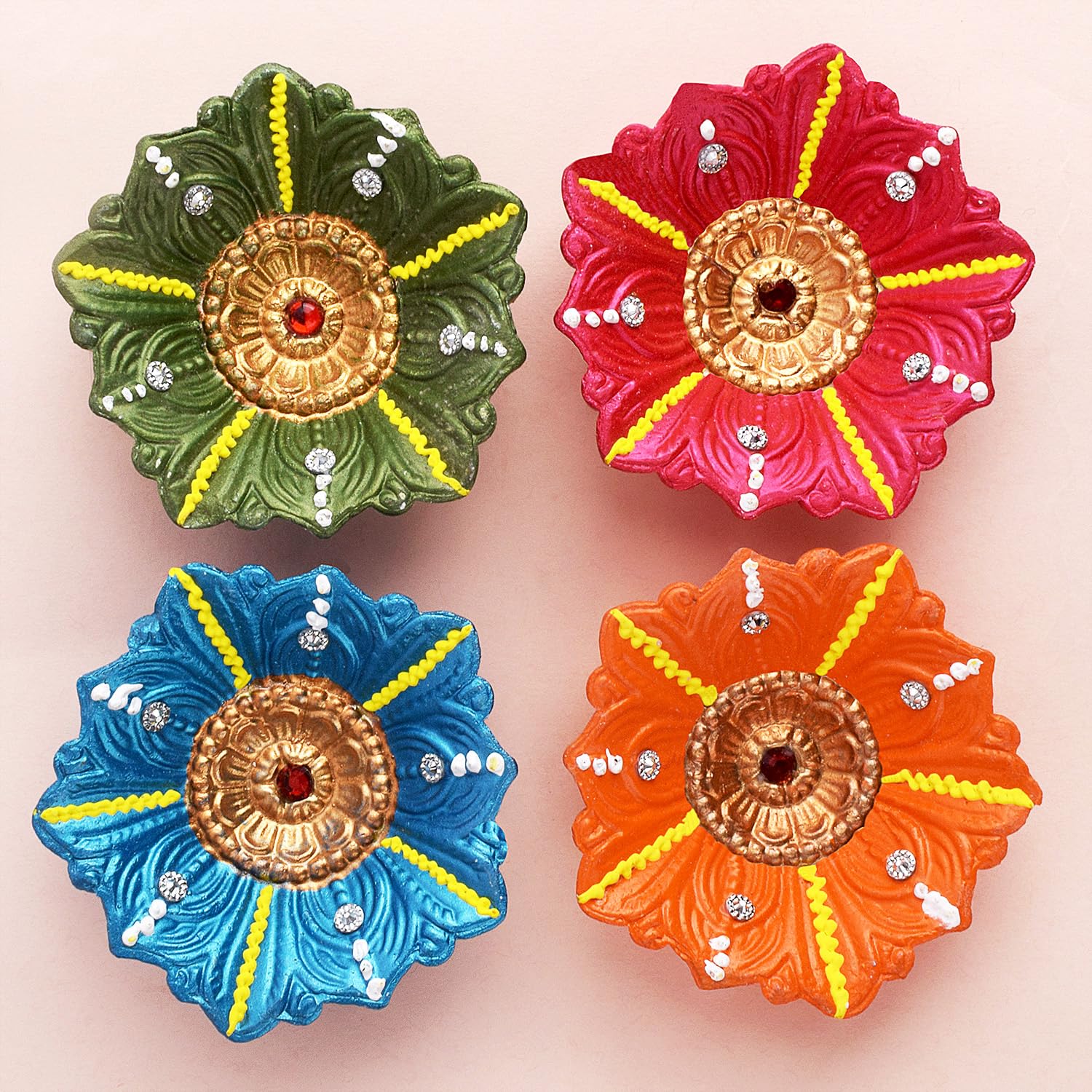 Satvik 4 Pc Multicolor Clay Diya Terracotta Dia Traditional Puja ...