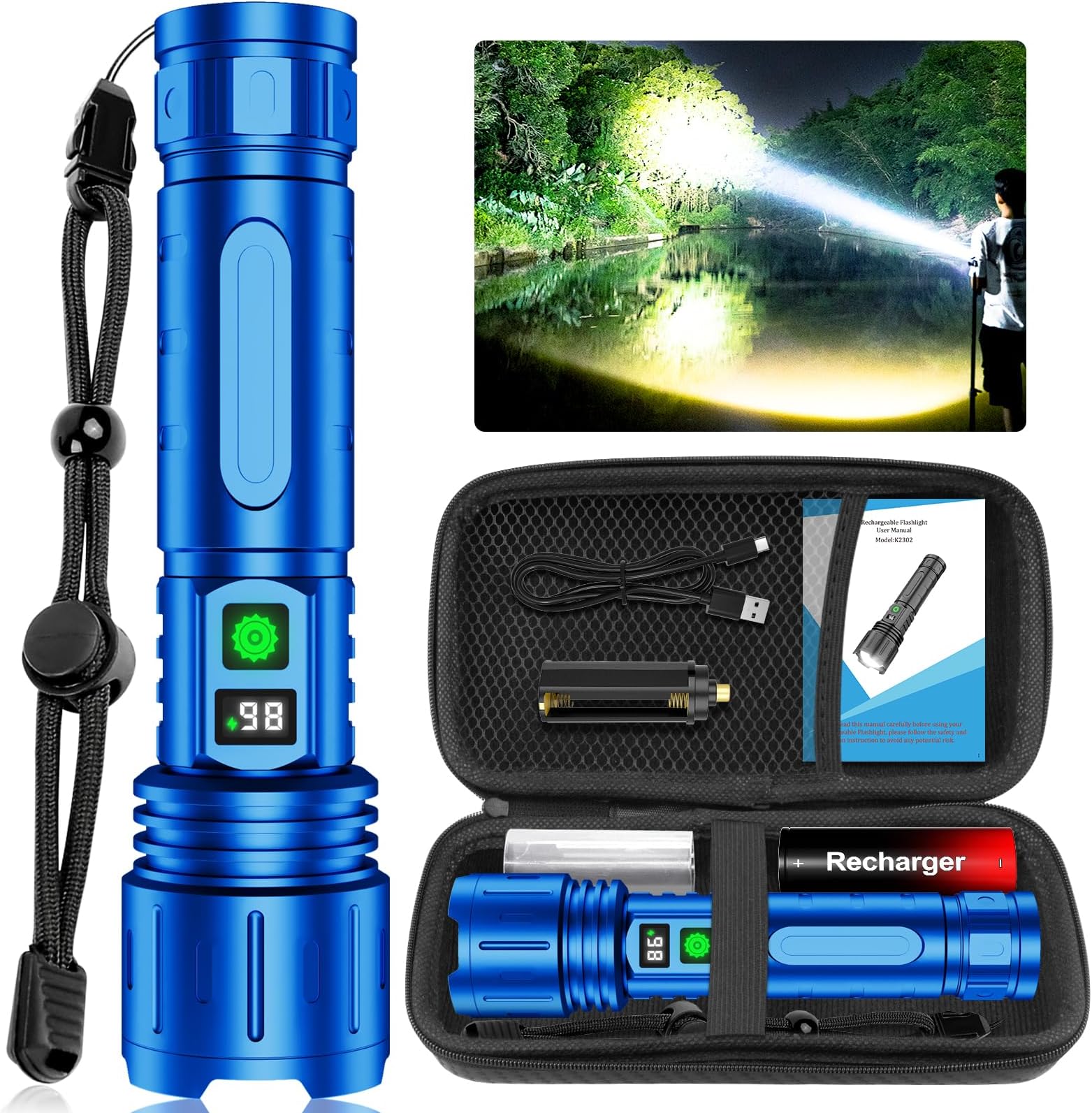 LED Flashlight, Rechargeable Flashlights High Lumens Bright 990000 ...