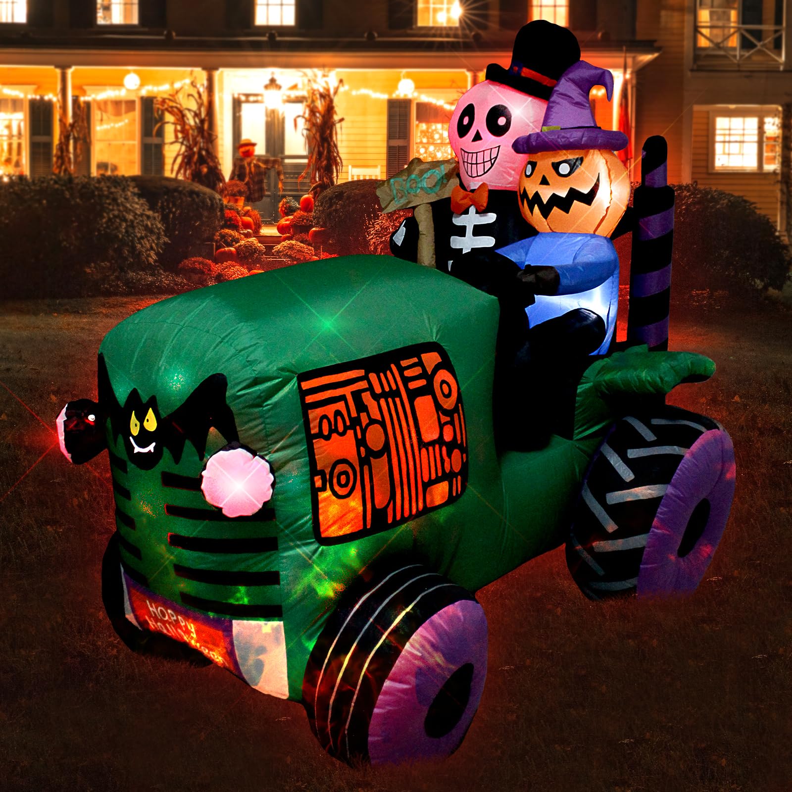 VIKIMORA 5.5Ft Long Halloween Inflatable Ghost Tractor LED Lights Decor ...