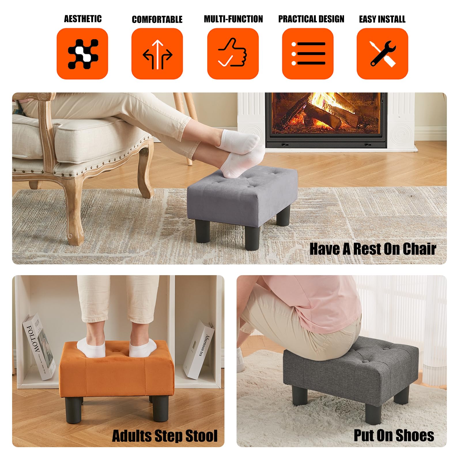BRIAN & DANY Small Foot Rest Ottoman, Velvet Foot Stools Ottoman with ...