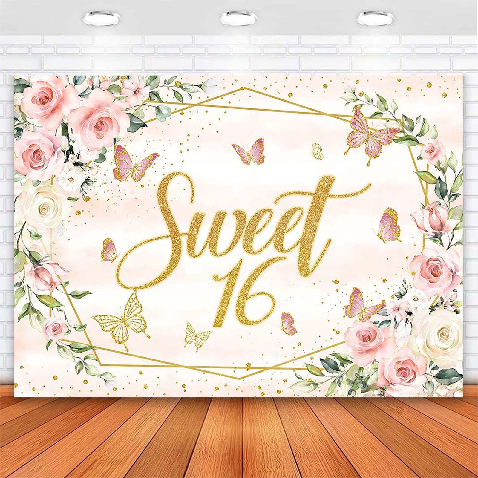 Amazon.com : Avezano Sweet 16 Backdrop Blush Pink Flower Butterfly 16th ...