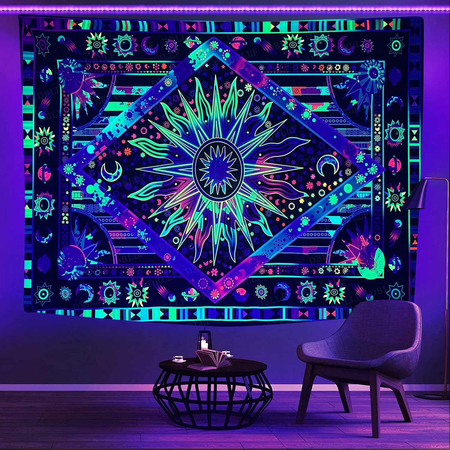 Amazon.com: DBLLF Blacklight Shining Sun Tapestry UV Reactive Celestial ...