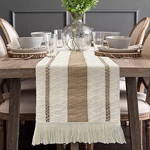 VAKOWOO Table Runner Macrame, Cream Beige Table Runner with Tassels 180cm Long, Cotton and ...