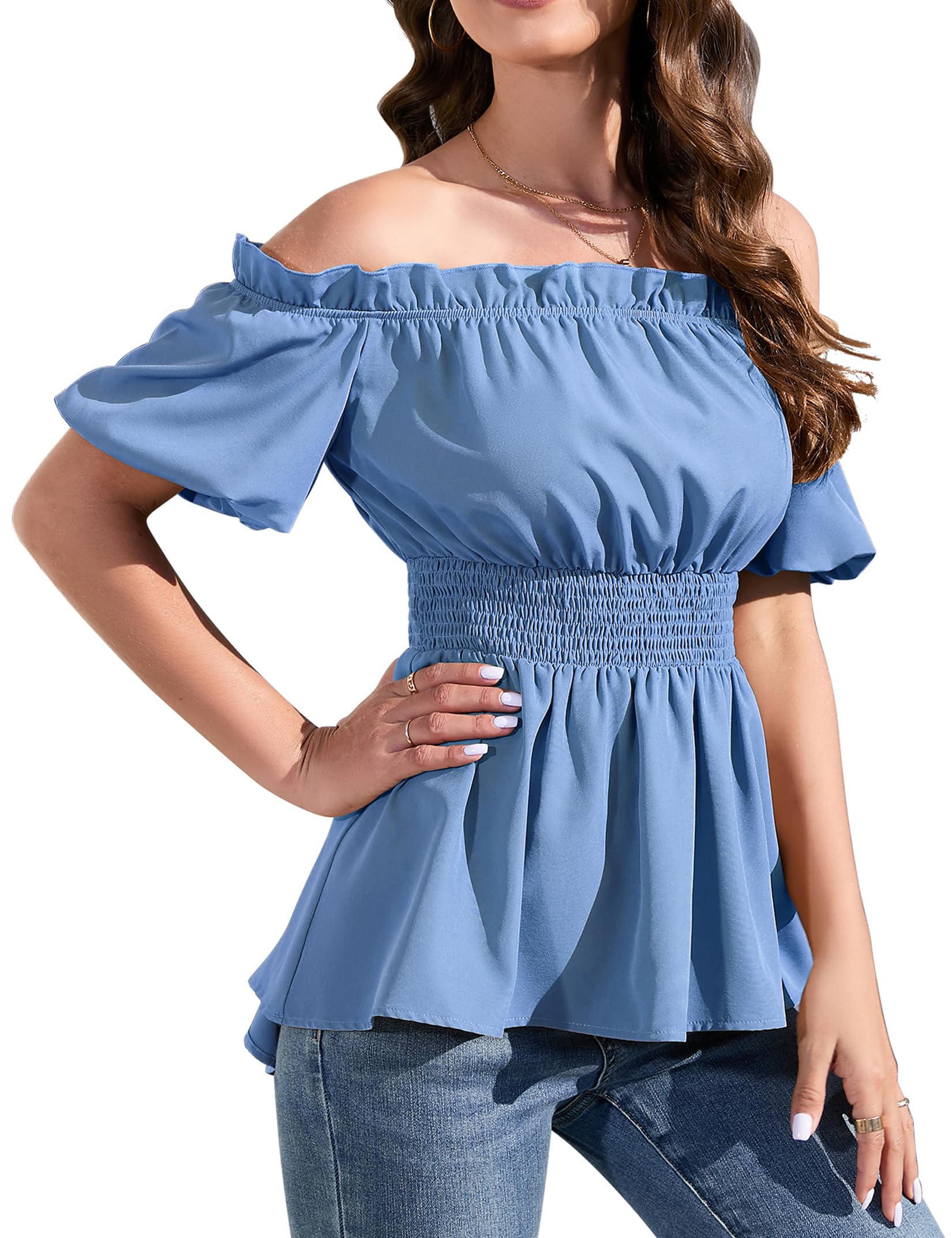 KOJOOIN Women's Off The Shoulder Shirts Puff Sleeve Pirate Blouses ...