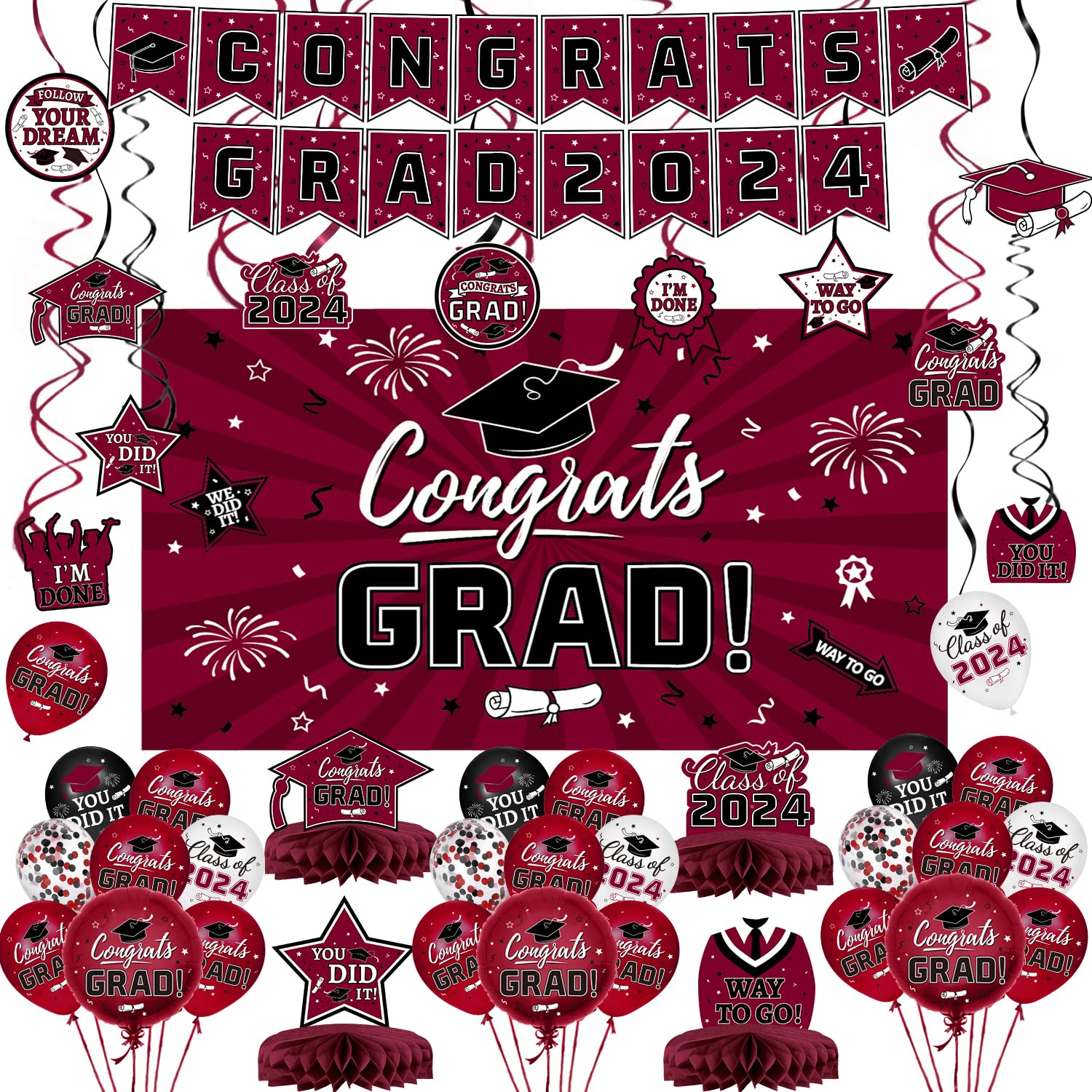 Maroon Themed Graduation Decorations Class of 2024 - Congrats Grad ...