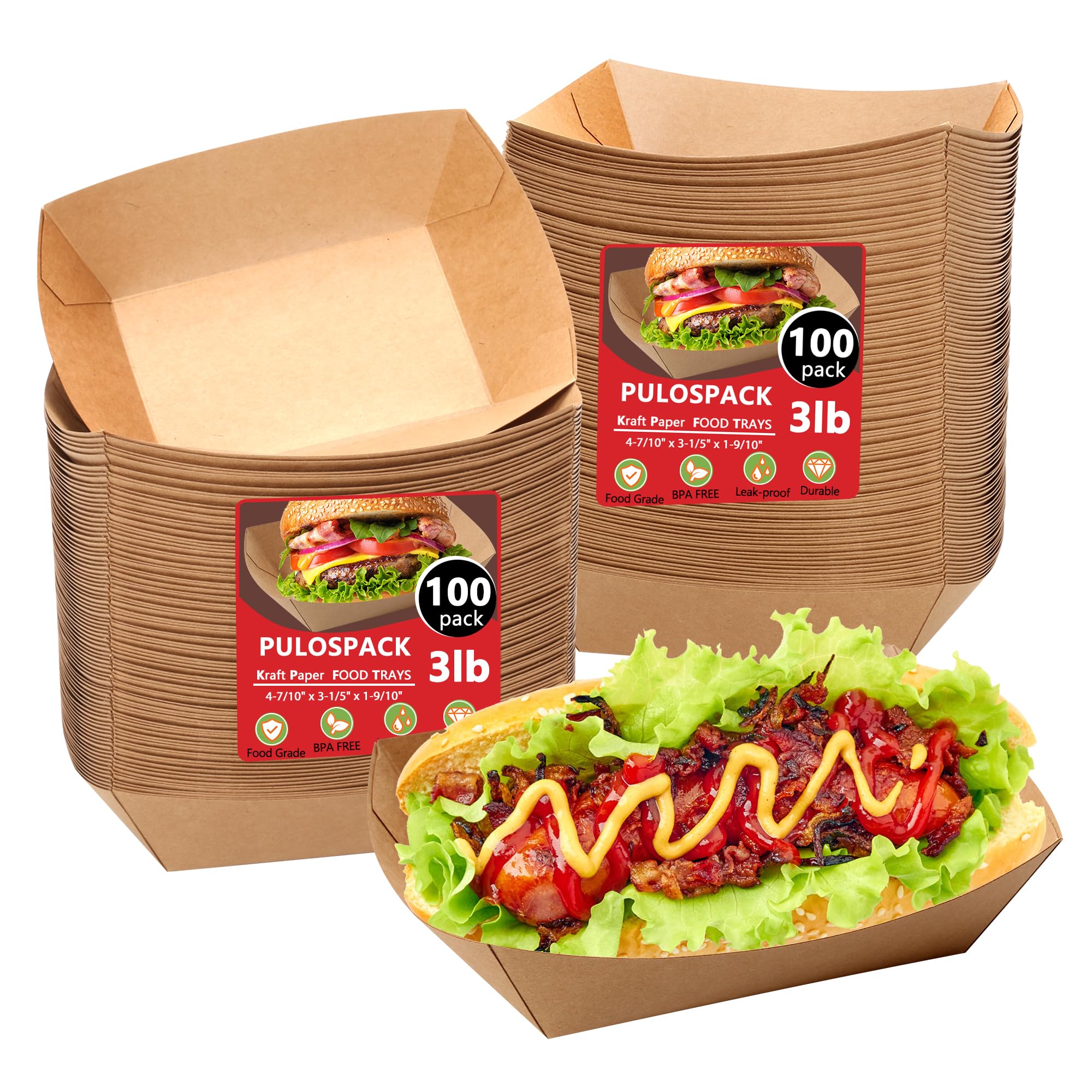 Amazon.com: PULOSPACK 100 Pack 3lb Heavy Duty Paper Food Trays Kraft ...