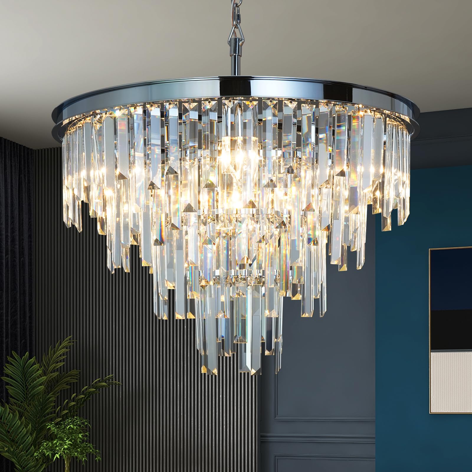 CHGUOSZ Chrome Top K9 Crystal Chandelier Modern Lighting Fixture, 9 Lights Round K9 Crystal ...