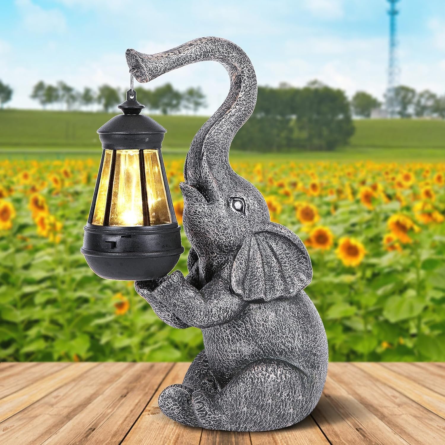 VChymm Elephant Statue for Garden Decor with Solar Outdoor Lights-11.8 ...
