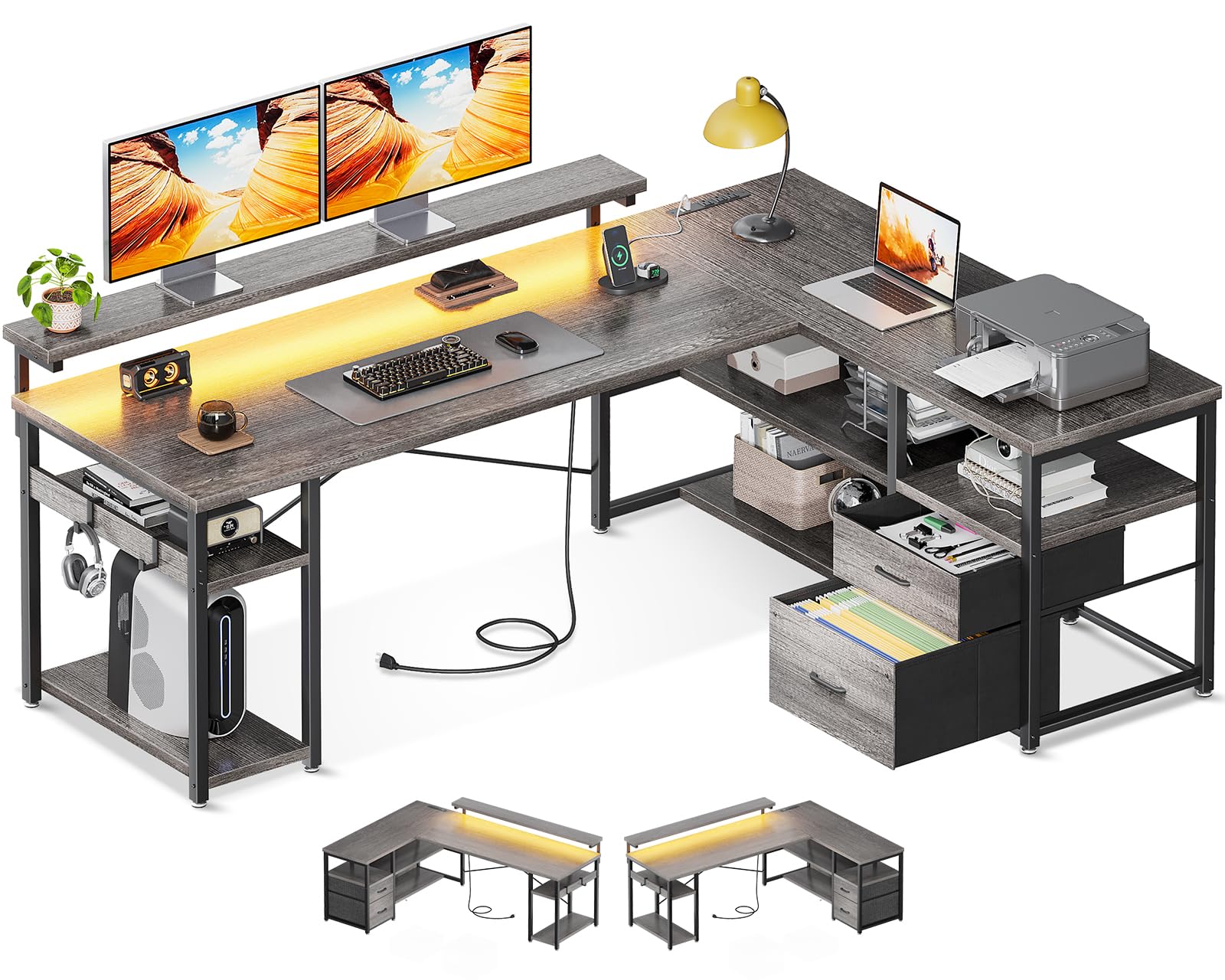 Amazon.com: ODK L Shaped Gaming Desk with Power Outlets & LED Strip, 61 ...