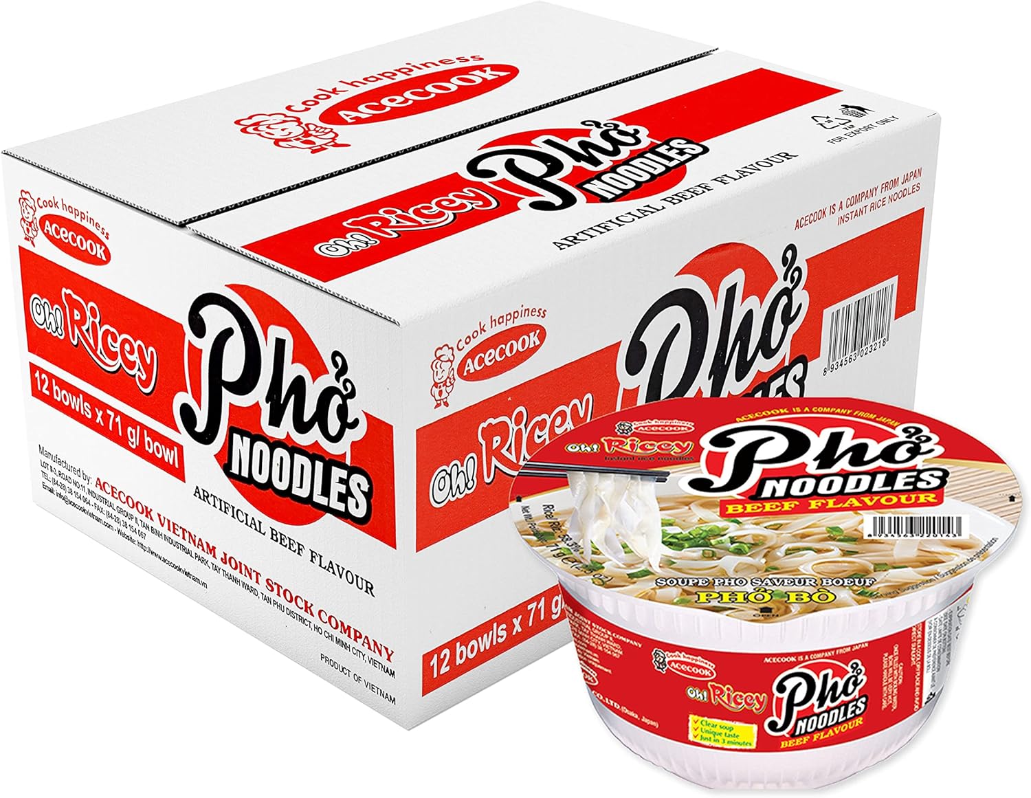 Acecook Oh! Ricey Instant Rice Noodle - Pho Noodles Beef Flavour 71g (12 Bowls) : Amazon.co.uk ...