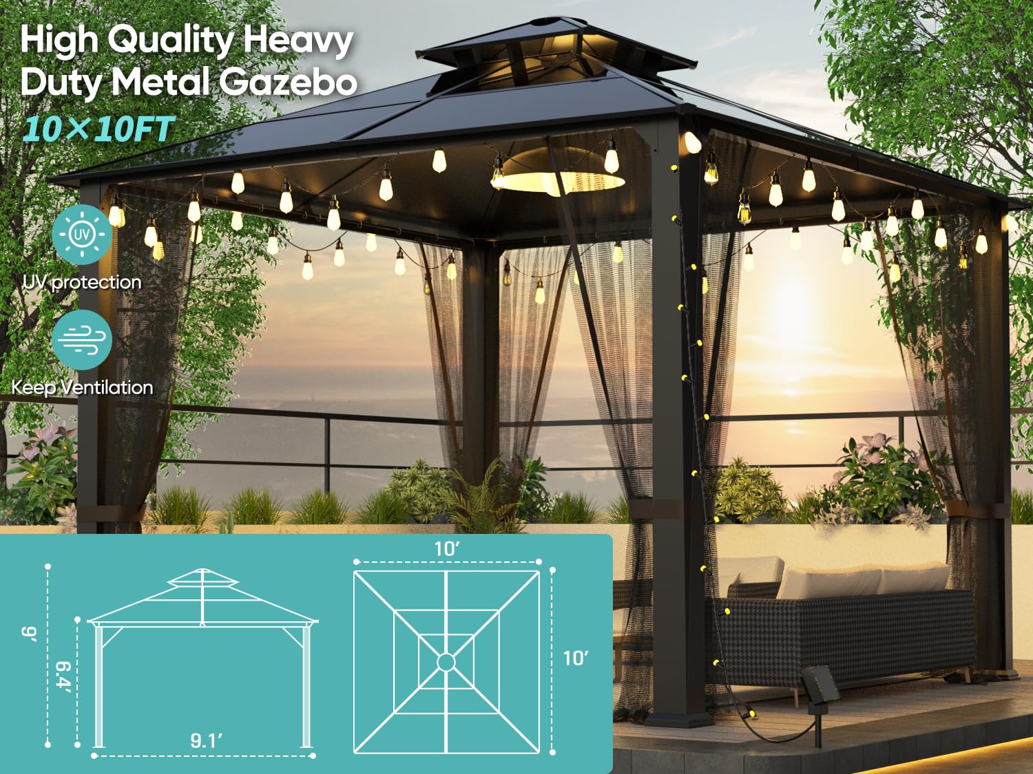 10x10 Hardtop Metal Gazebo,Heavy Duty Pergola with Mosquito Nets&Strip ...