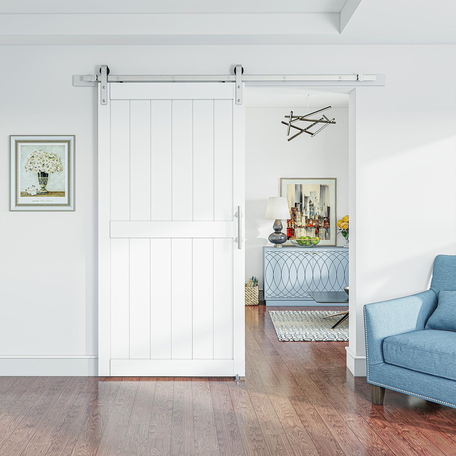 SmartStandard 42 x 84 inch White Slidng MDF Barn Door with 7FT Brushed ...
