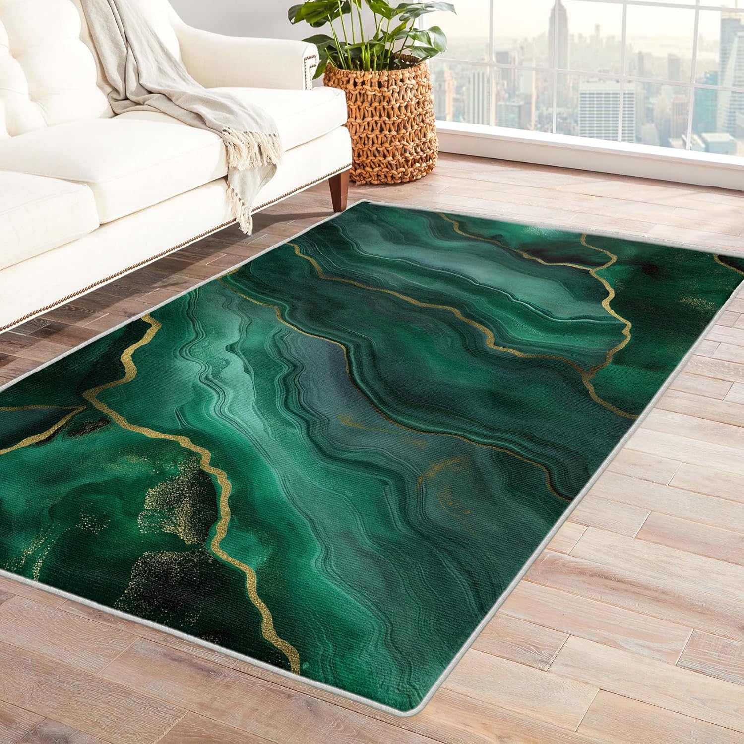 Amazon.com: Swirl Wave Rug, 4x7 Rug, Emerald Green and Gold Rugs for ...