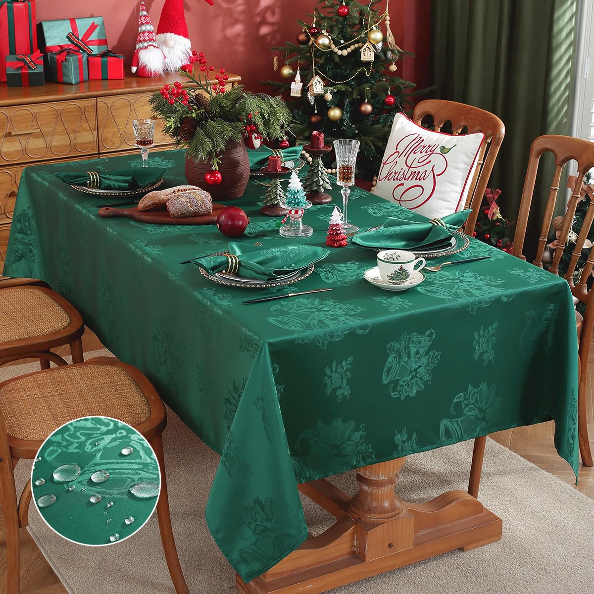 Amazon.com: Christmas Tablecloth Elegant Jingle Bells Holly Berry ...