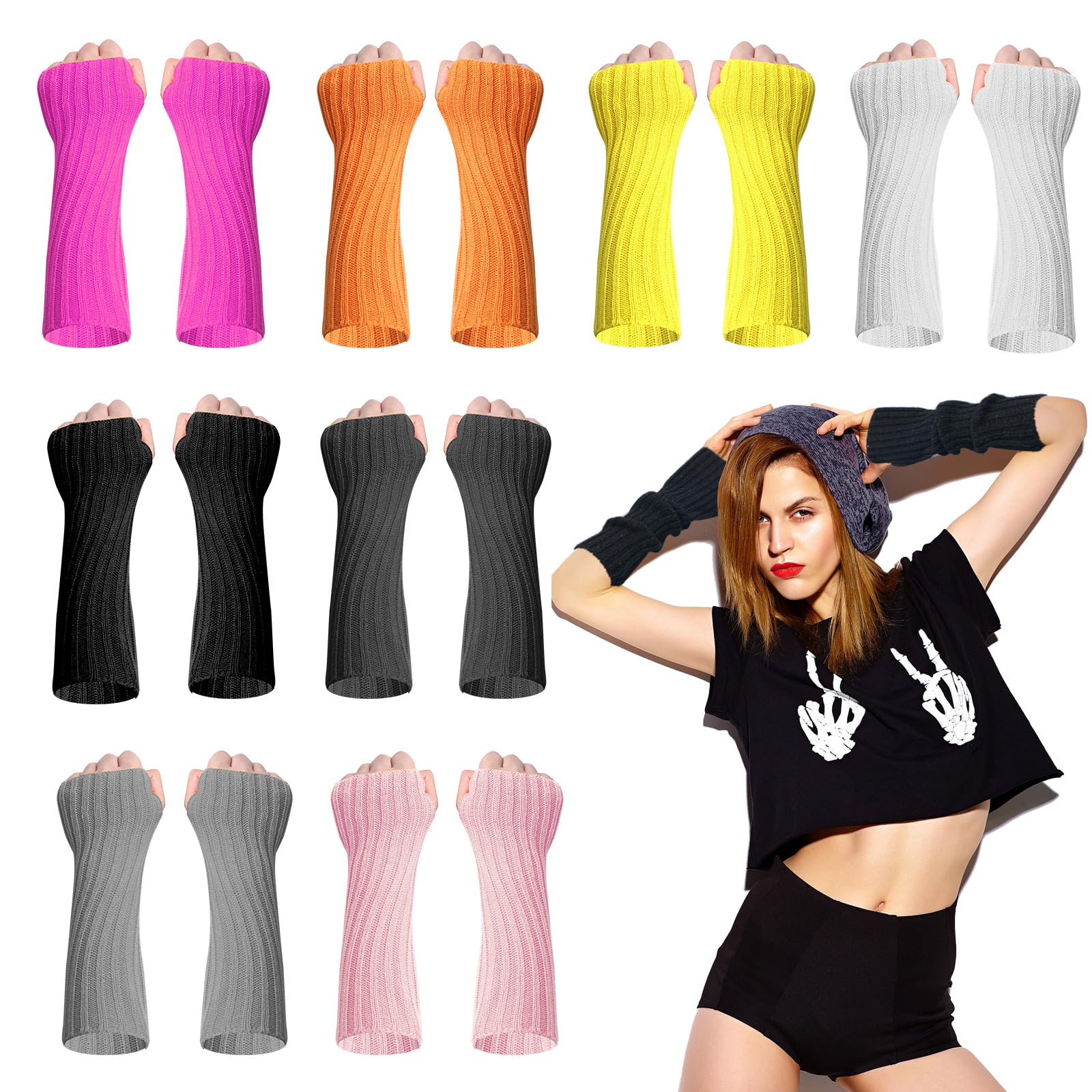 SENONAPO 8 Pairs Arm Kawaii Warmers Sleeves 8 Colors with Thumb Hole ...