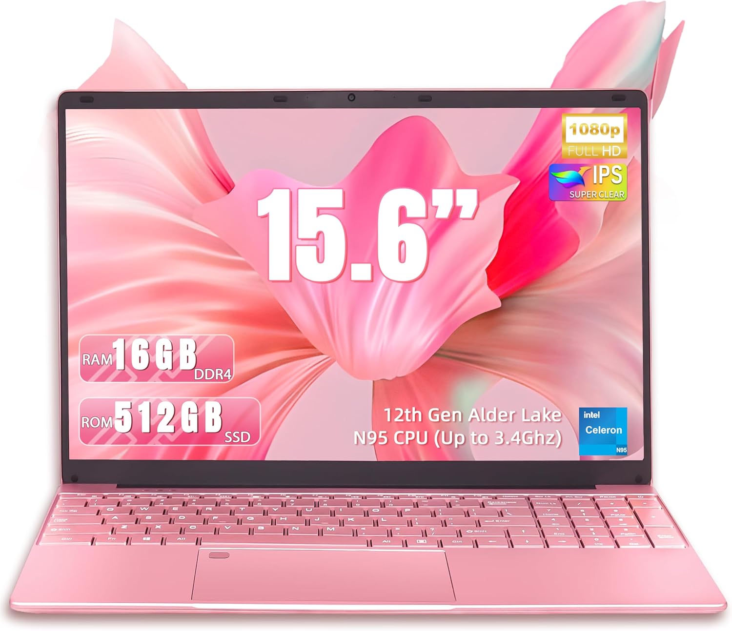 Amita 15.6" Pink Laptop | N95 (Up to 3.4GHz) | 16GB DDR4 RAM | 512GB ...