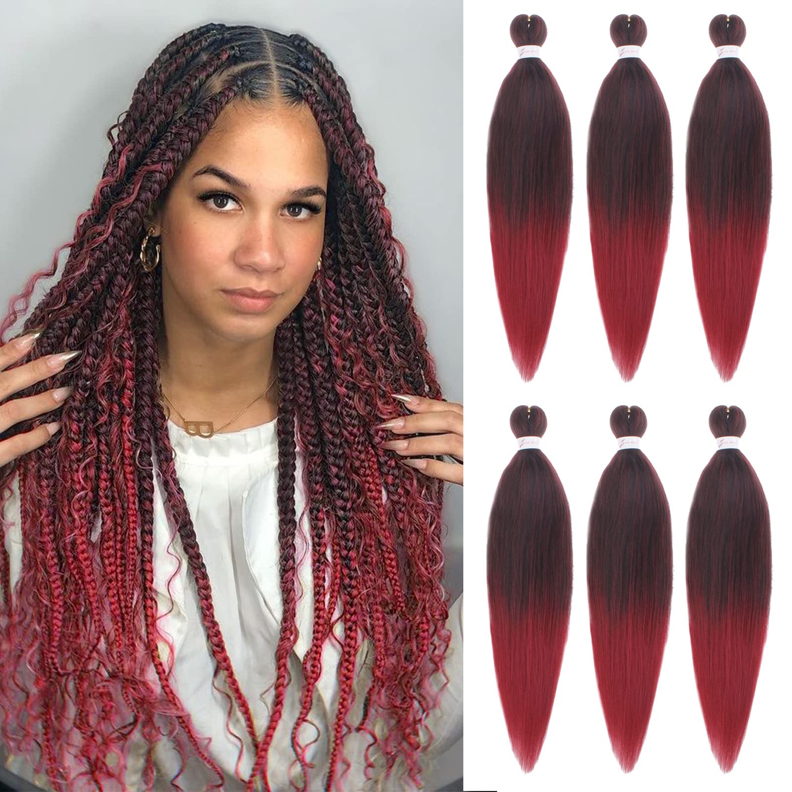 Samtress 24 Inch Pre Stretched Braiding Hair 6 Packs Ombre Burgundy ...