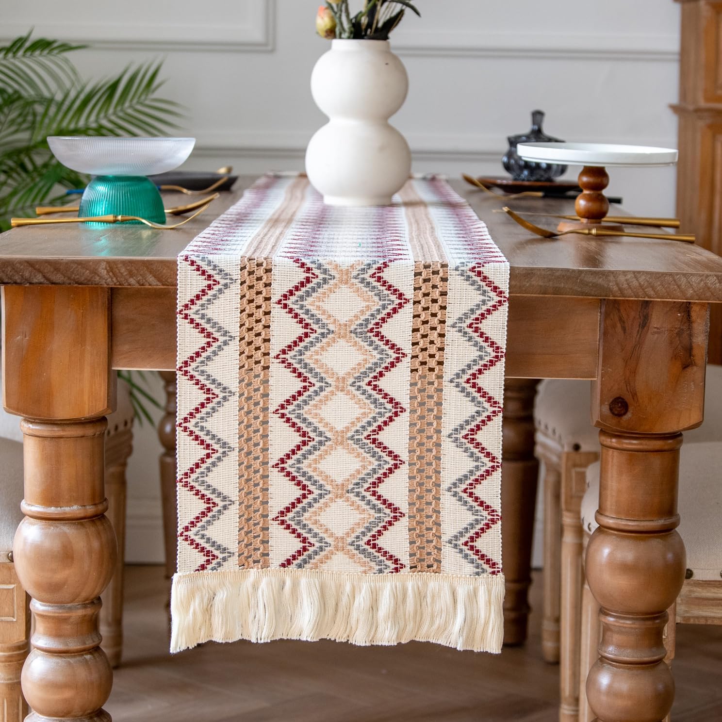 Amazon.com: Burlap Dining Table Runner Boho Red&White Table Runner 48 ...