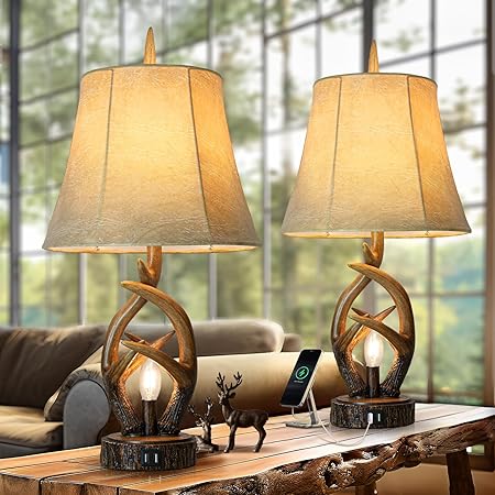 Scenekoy Rustic Farmhouse Antlers Bedside Table Lamp Set of 2 with ...