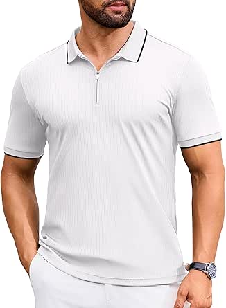 Cotrasen Mens Zipper Polo Shirts Casual Short Sleeve Ribbed Knit T Shirts Smmer Slim Fit Golf ...