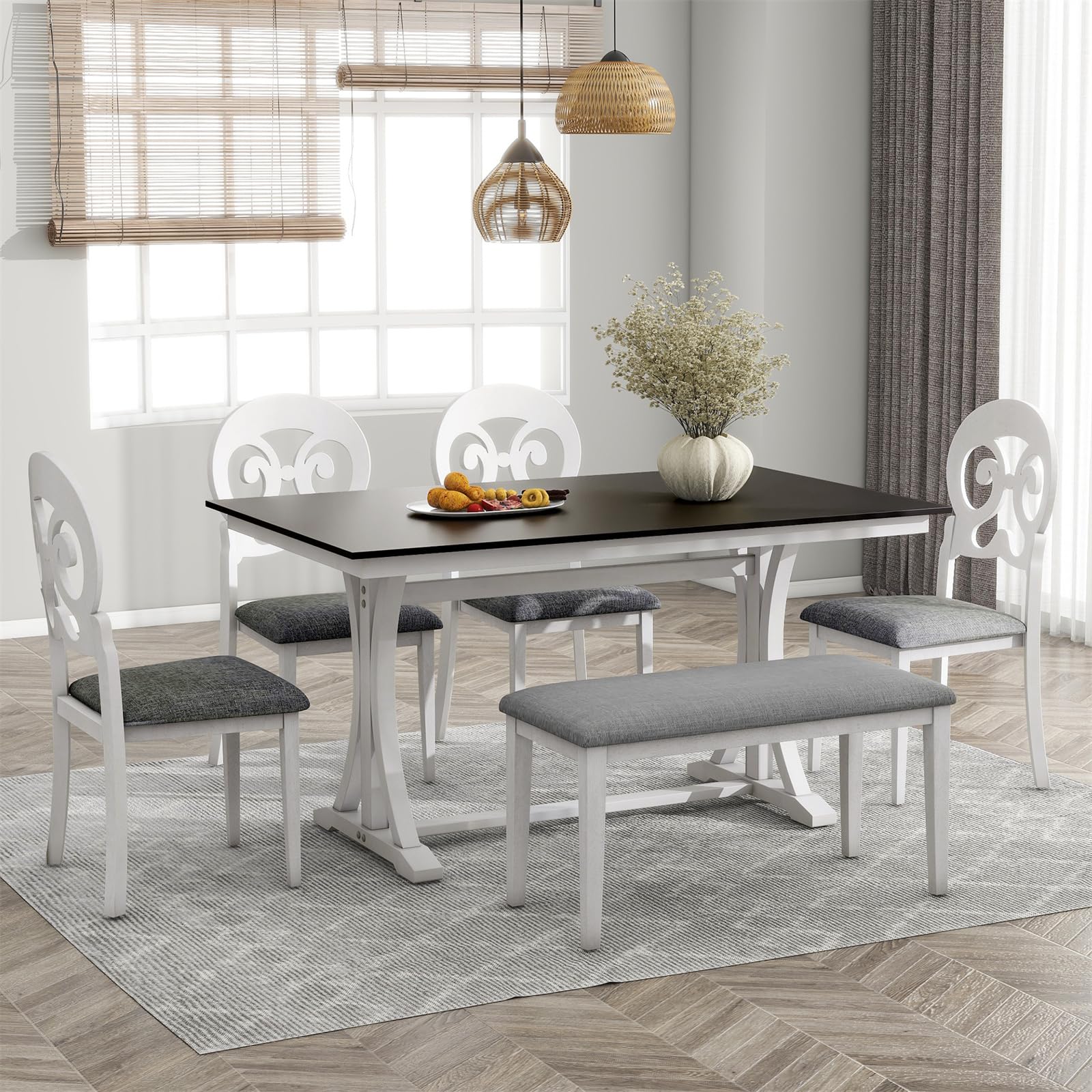 6-Piece Dining Table Set for 6,Kitchen Table Set with Long Bench and 4 ...