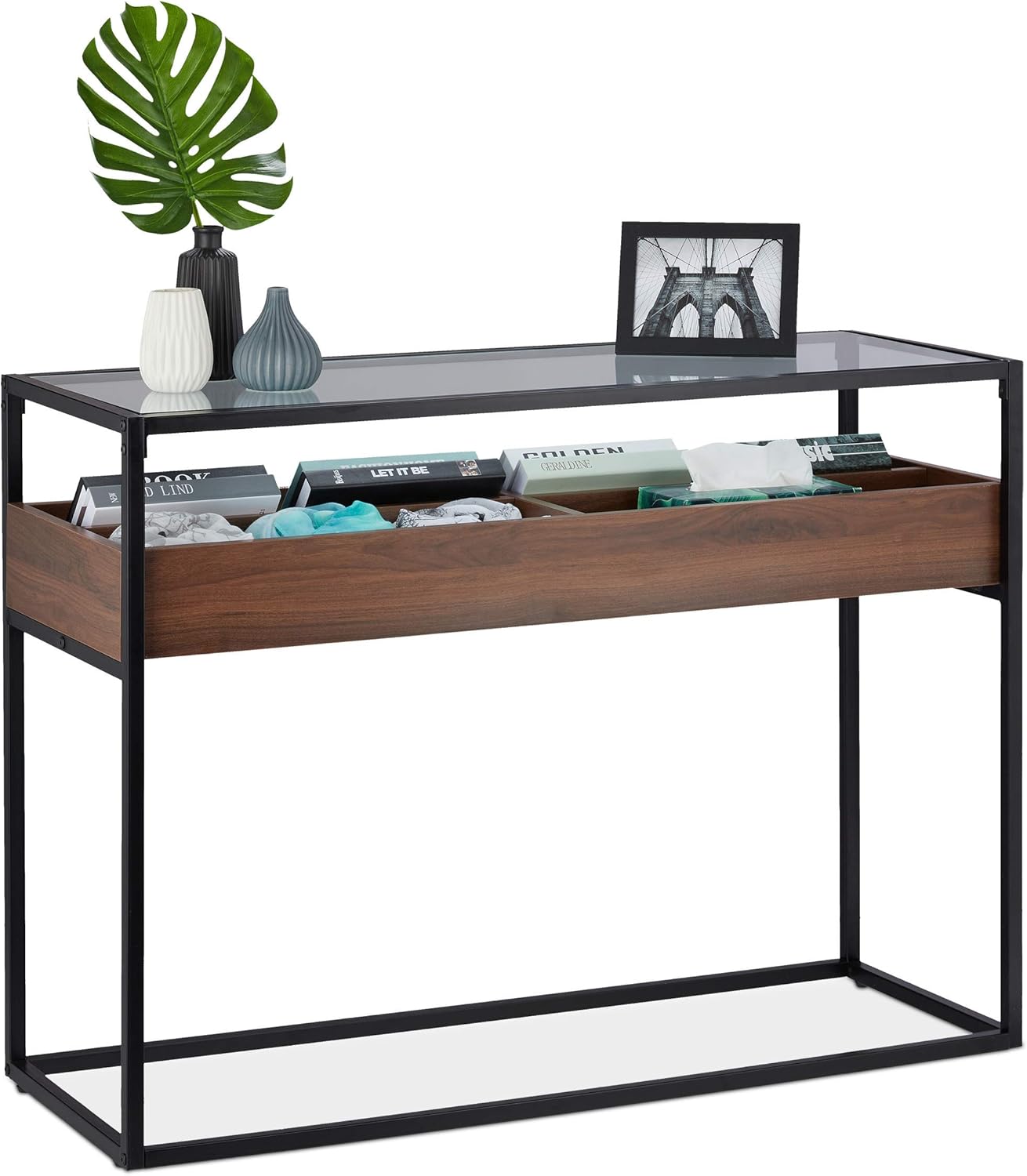 Relaxdays Konsolentisch, Glasablage, 4 Fächer, schmaler Eingangstisch, Flur, Wohnzimmer, HBT ...