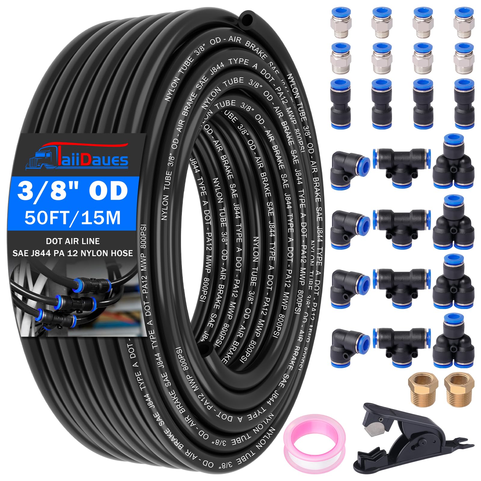 Amazon.com: Air Line Tubing Kit, 3/8" OD DOT Air Line 50 FT(15 m) SAE ...