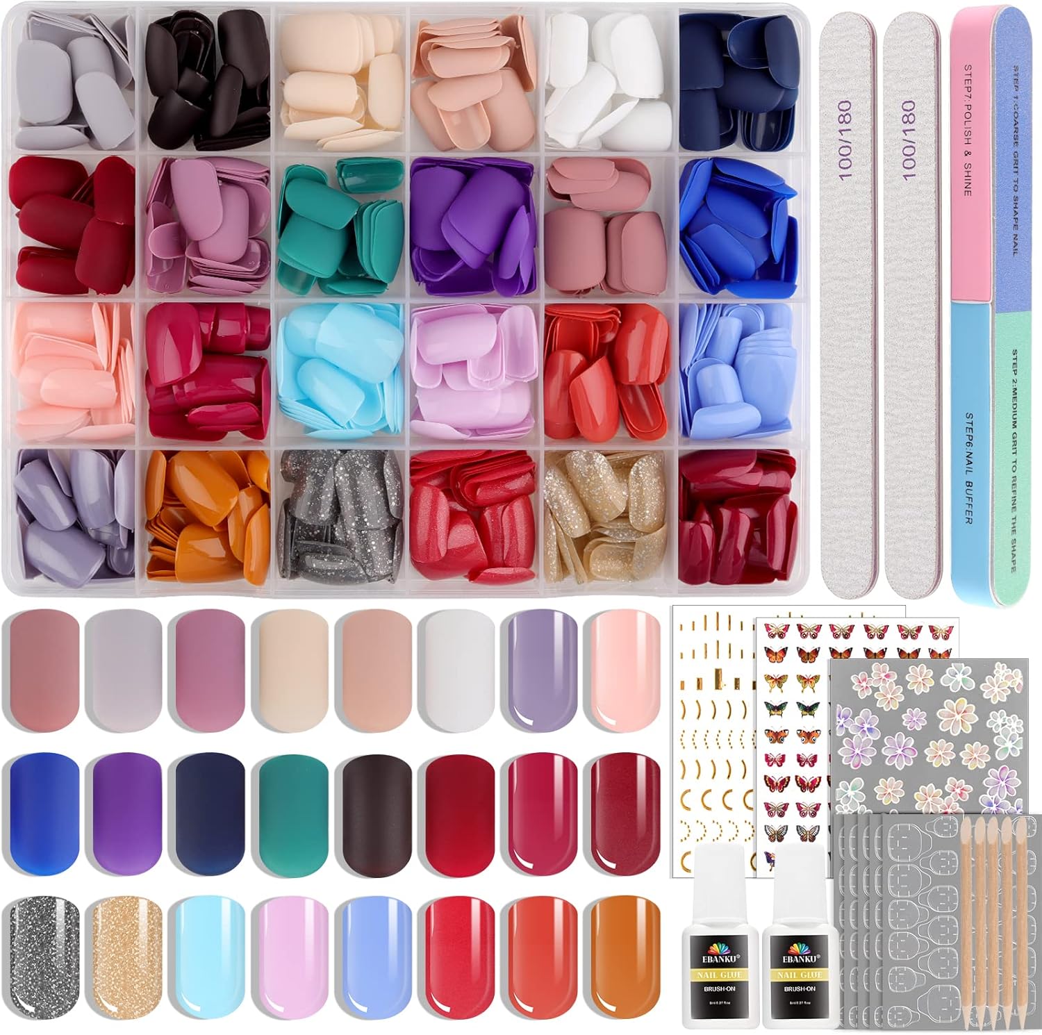 EBANKU 24 Colors Press on Nails, 576 PCS Acrylic Short Square Fake ...