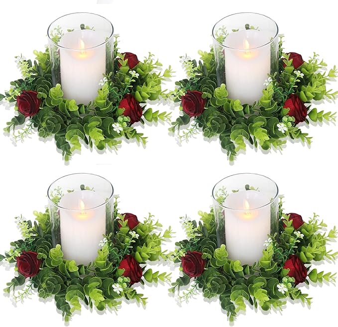 Amazon.com: Acmee 4 Pcs Rose Floral Candle Rings Artificial Burgundy ...