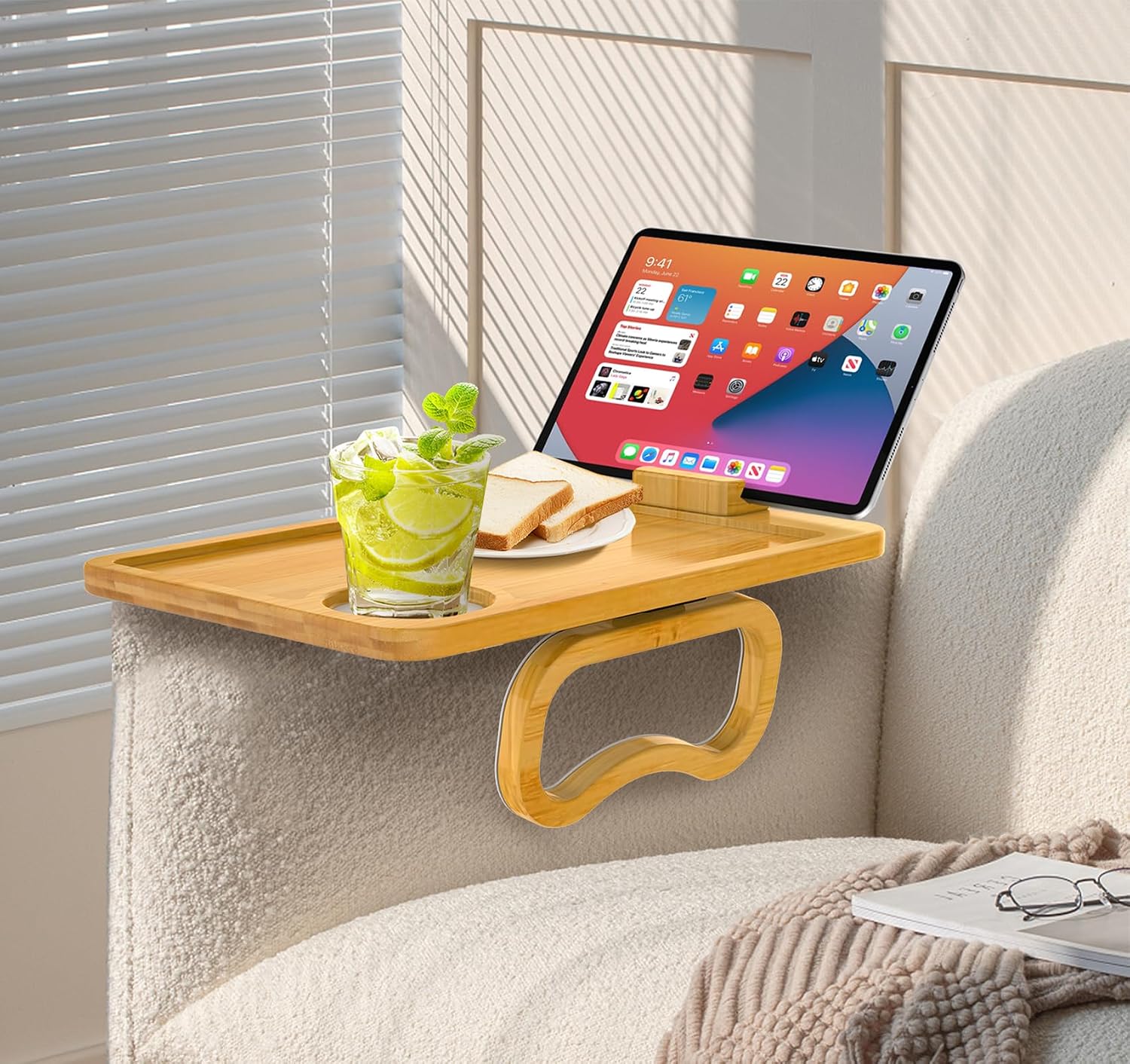 Bamboo Sofa Arm Tray Table with Rotating Mobile Holder(Non-slip Mat ...