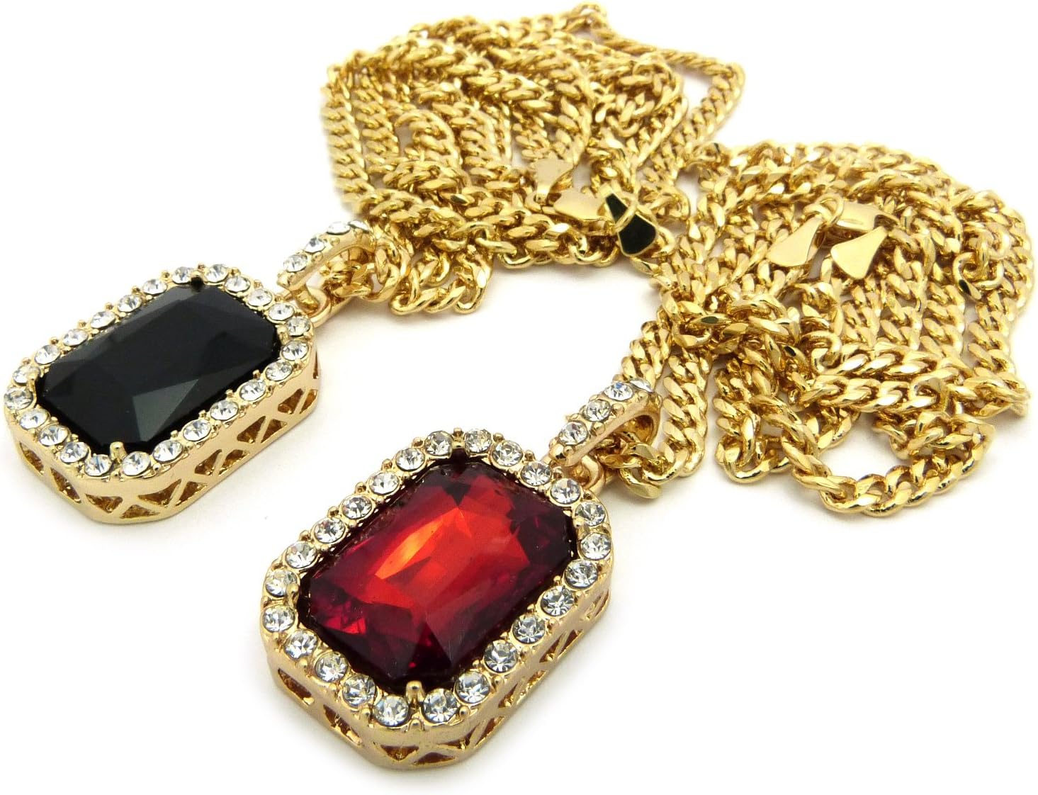 Square Red, Black Gemstone Pendant 24",30" Concave Cuban Chain 2 ...