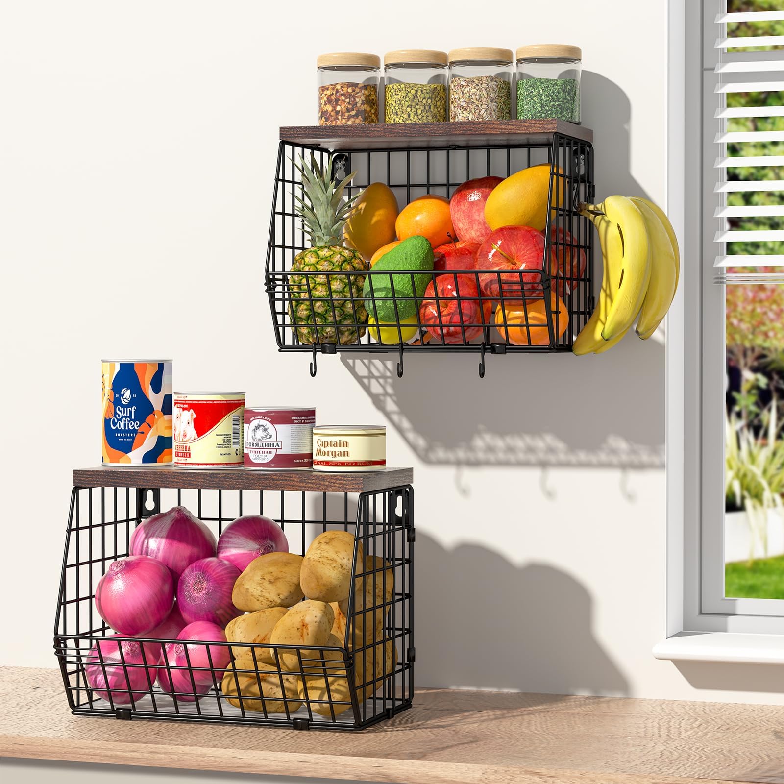 Amazon.com - Stackable Fruit Basket Wire Baskets with Wood Lid, Wall ...