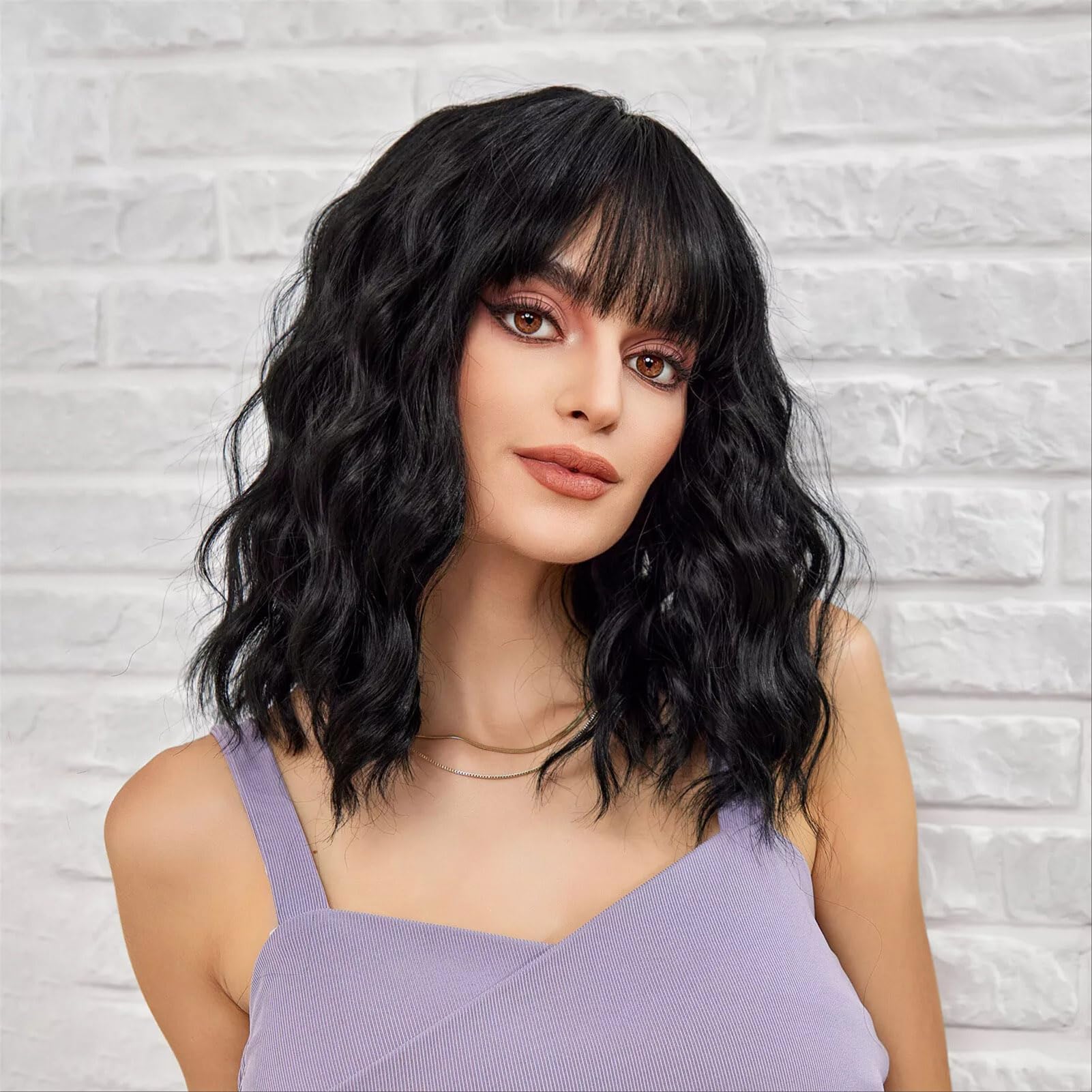 Amazon.com : Veally Wavy Bob Wigs with Bangs for Women Black Mixed Pink ...