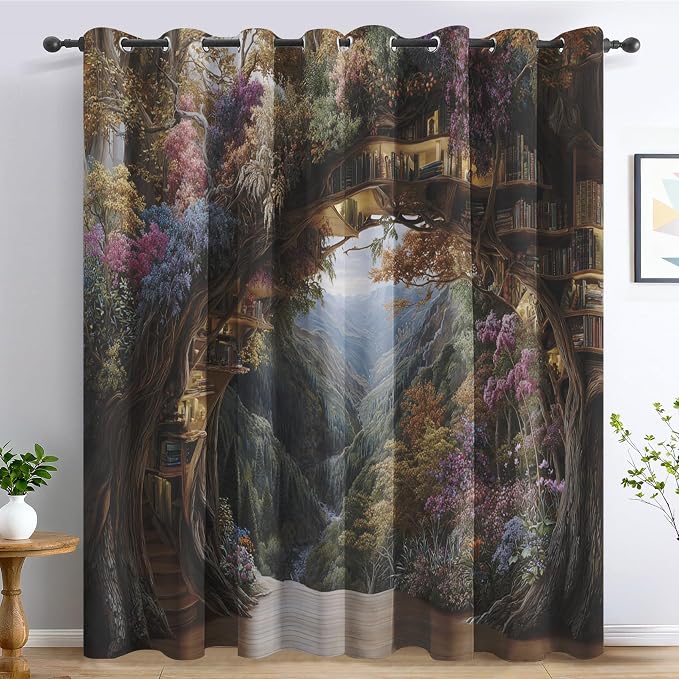 Amazon.com: Fantasy Library Blackout Curtains 63 Inch Long, Bookshelf ...