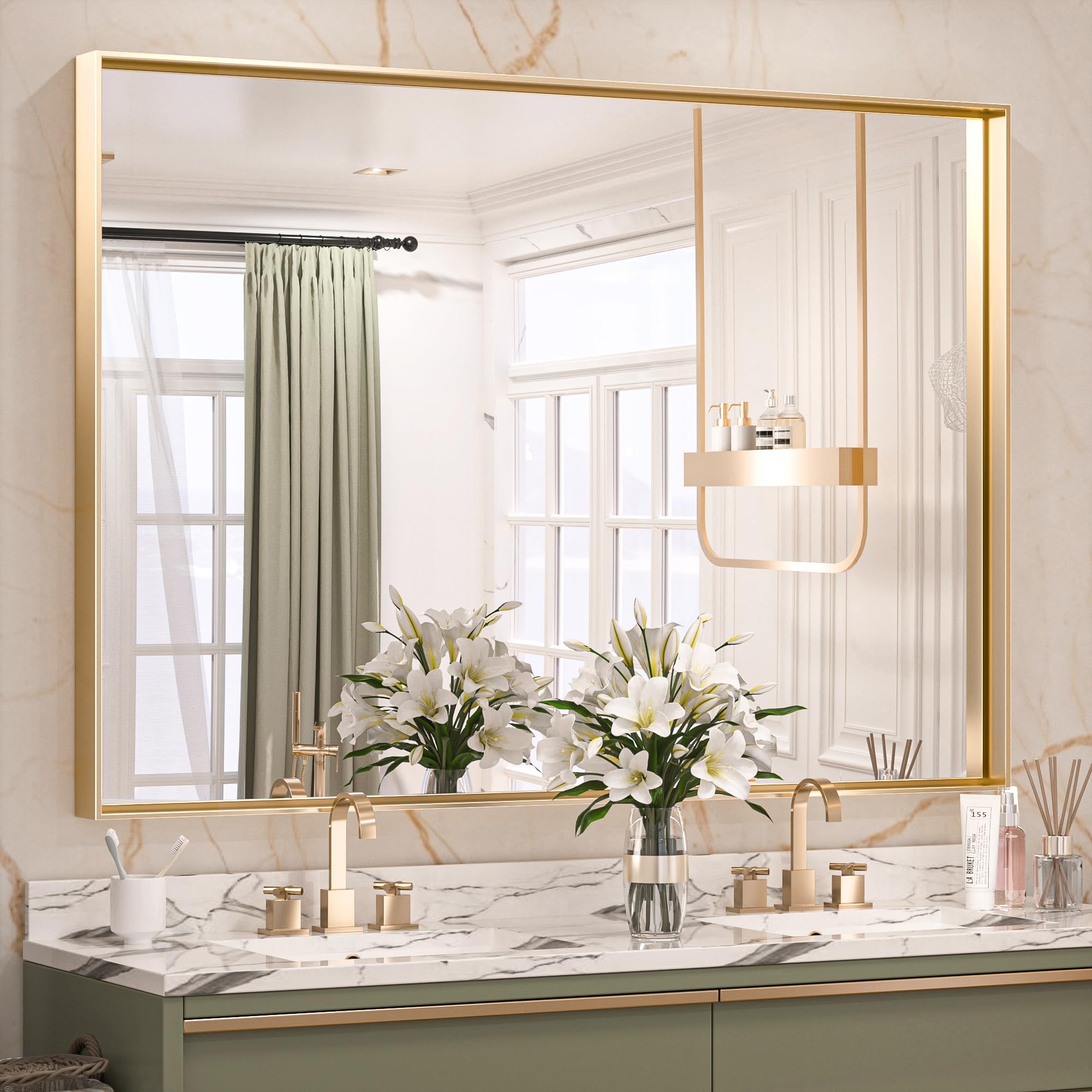 Keonjinn Gold Bathroom Mirror 48 x 36 Inch Brushed Brass Gold Metal ...