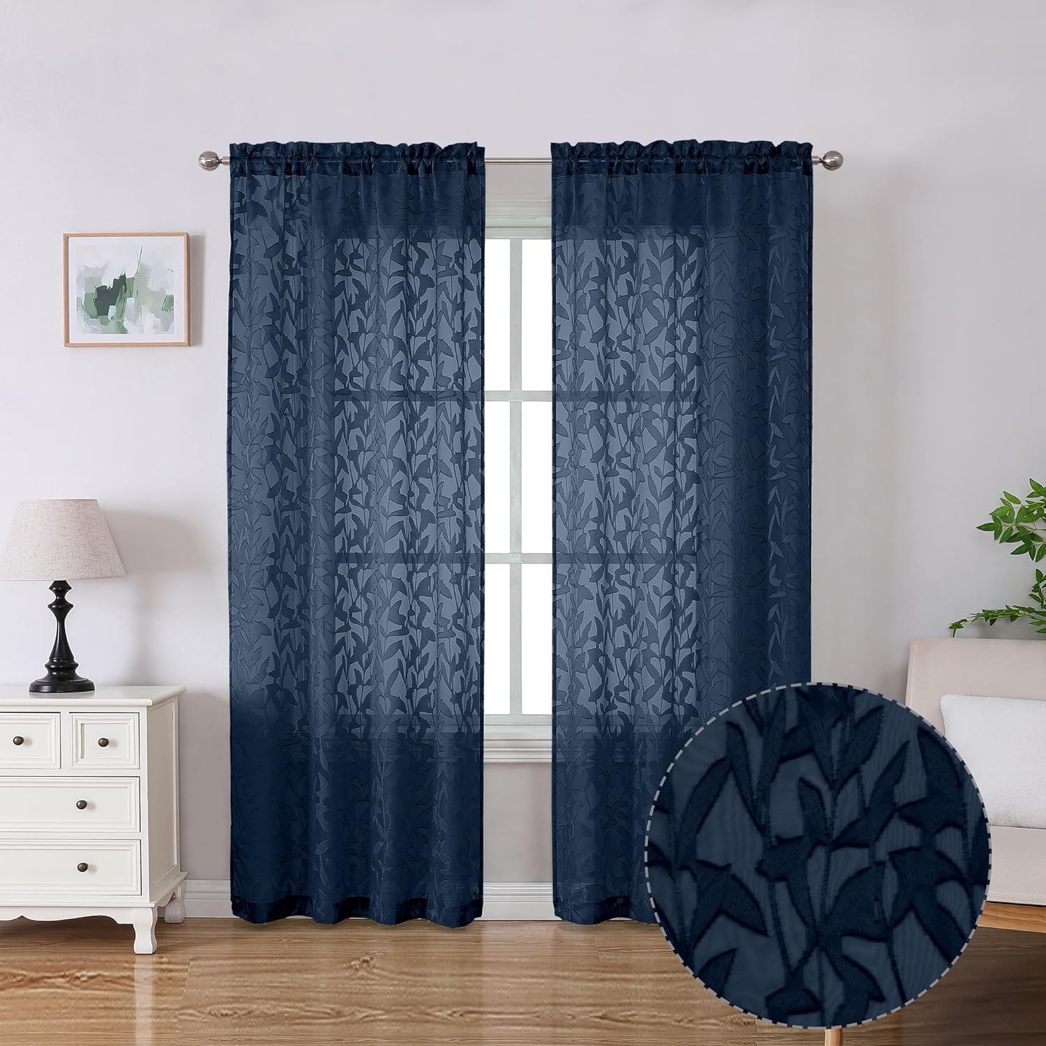Amazon.com: Lecloud Leia Jacquard Textured Sheer Navy Blue Curtains 72 Inches Long 2 Panels ...