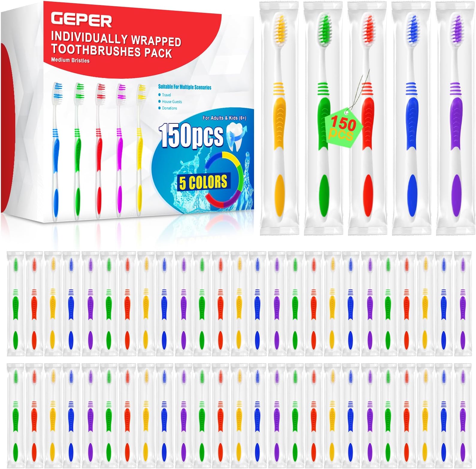 Amazon.com: GEPER 150PCS Toothbrush Bulk Individually Wrapped Pack ...
