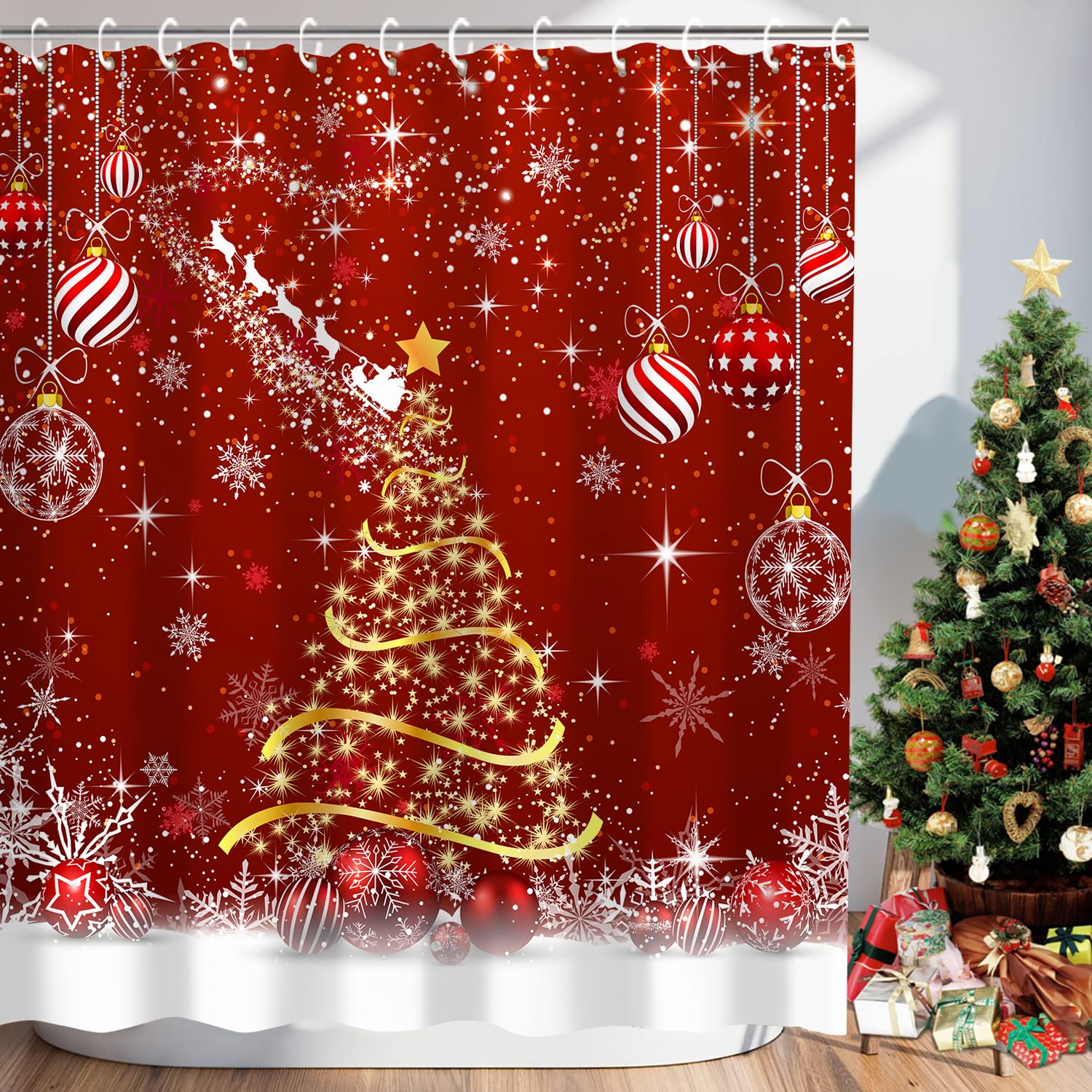 Amazon.com: ZORKET Red Christmas Shower Curtain with 12 Hooks Christmas ...