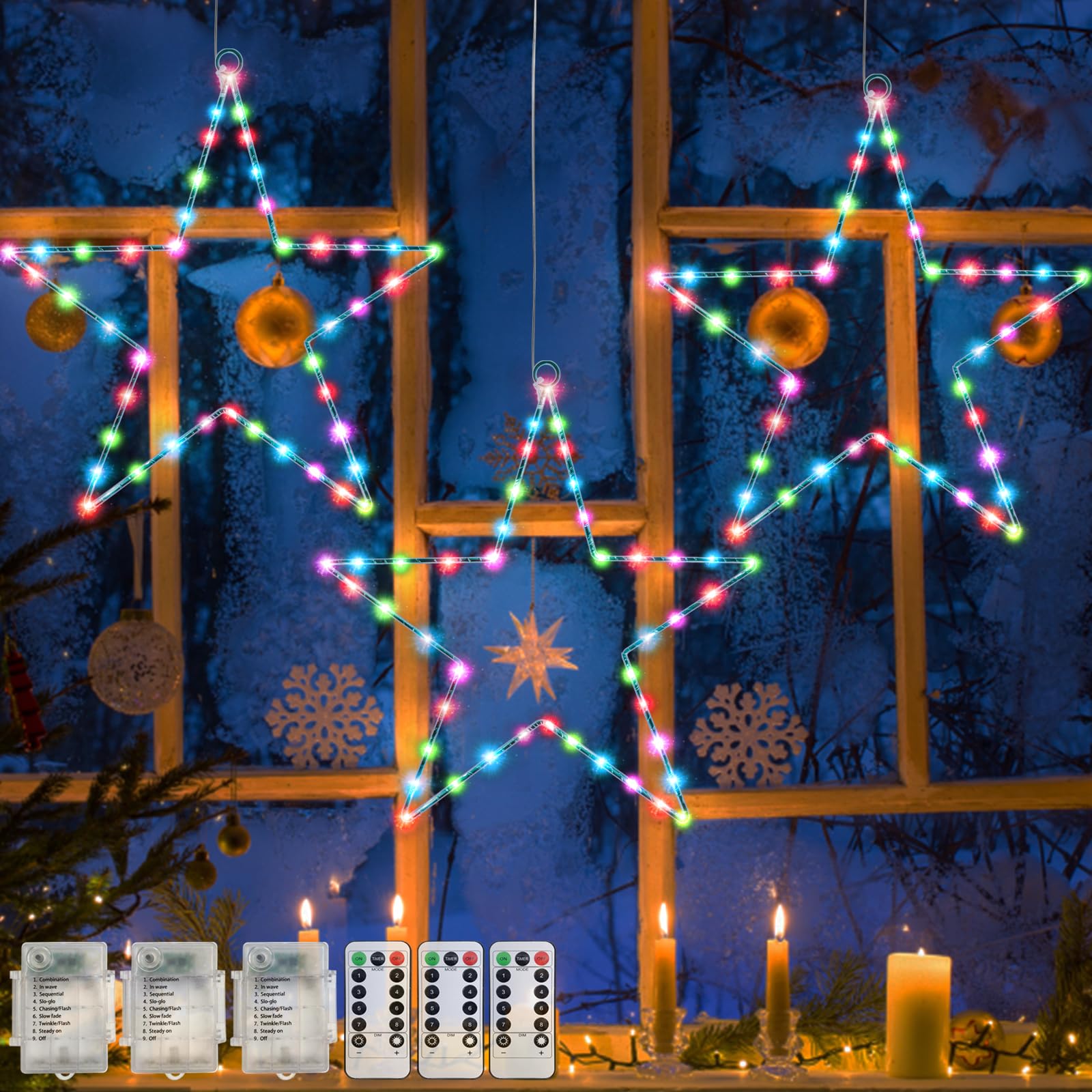 Jsdoin Christmas Window Lights 3 Packs Battery Operated Star Christmas ...