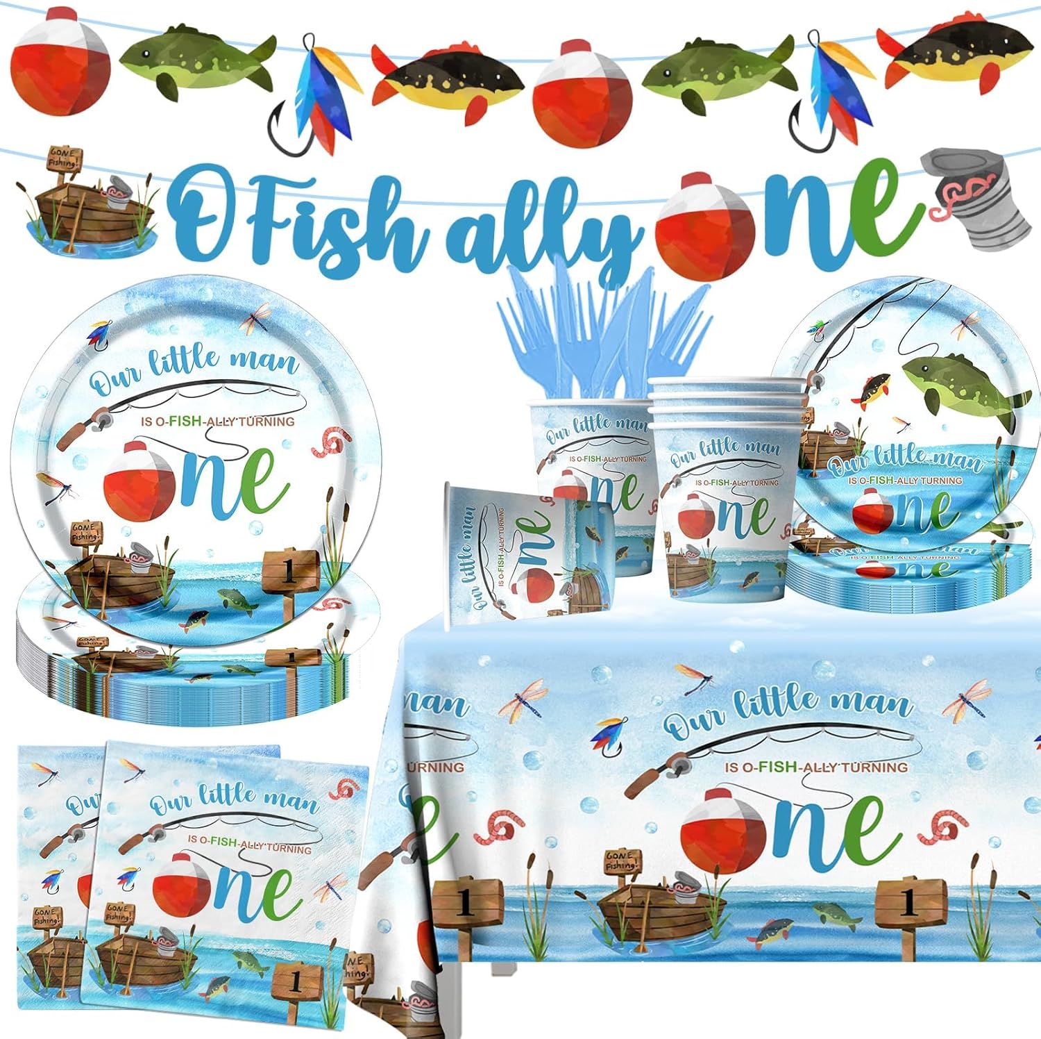 Amazon.com: Ofishally One Birthday Decorations,142Pcs Gone Fishing 1st ...