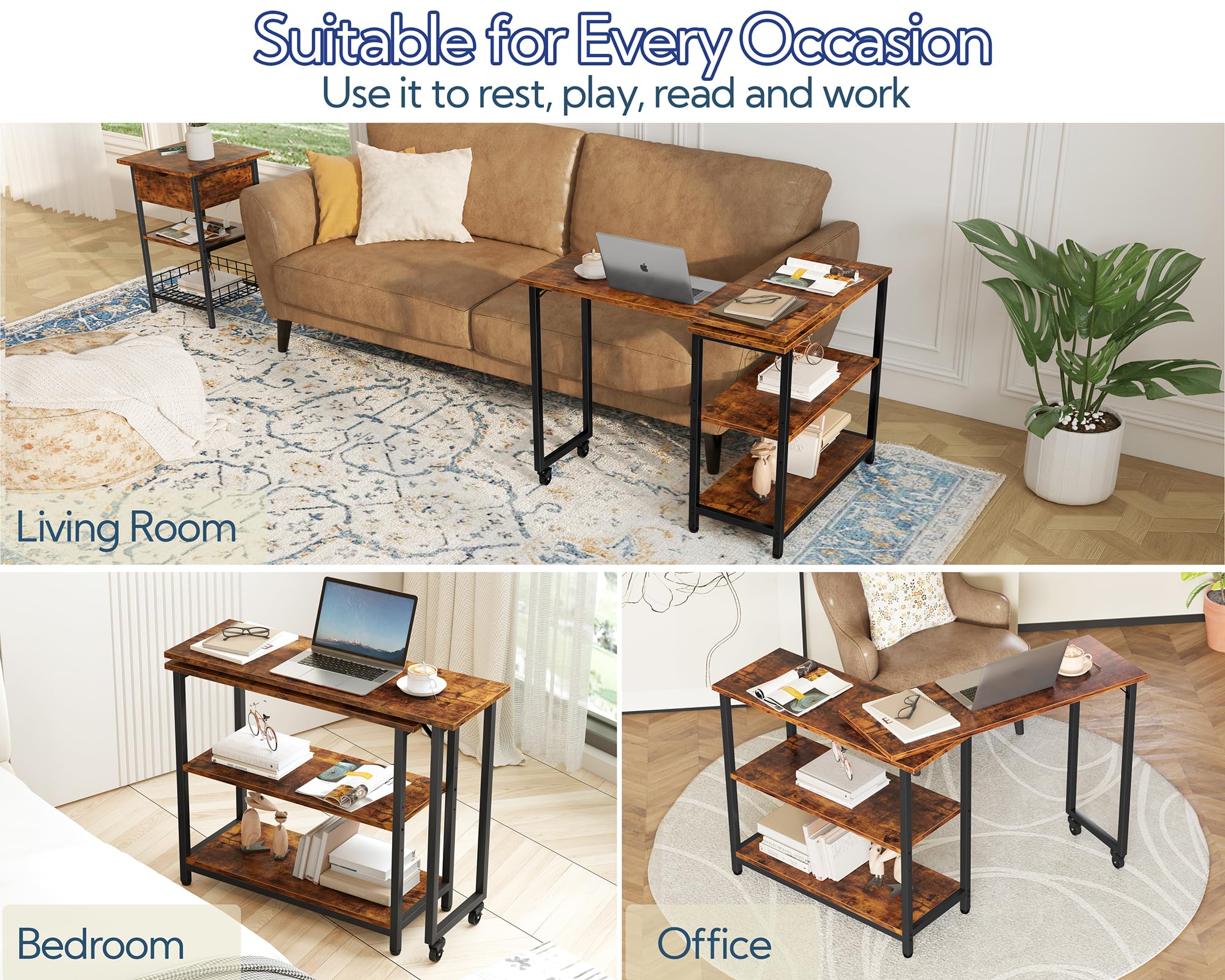 Yusong 360° Rolling Couch Desk for Laptop, Side Table with Rotating Top ...