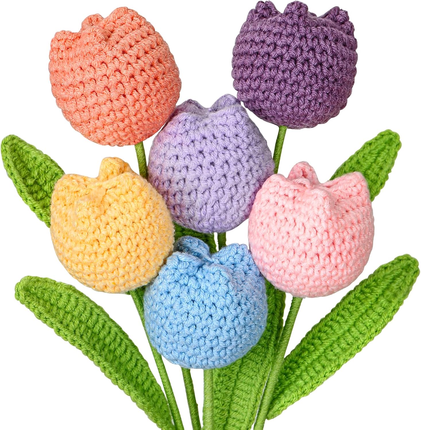 DEMIUKO Set of 6 Crochet Tulips Artificial Flowers Bouquet Crocheted ...