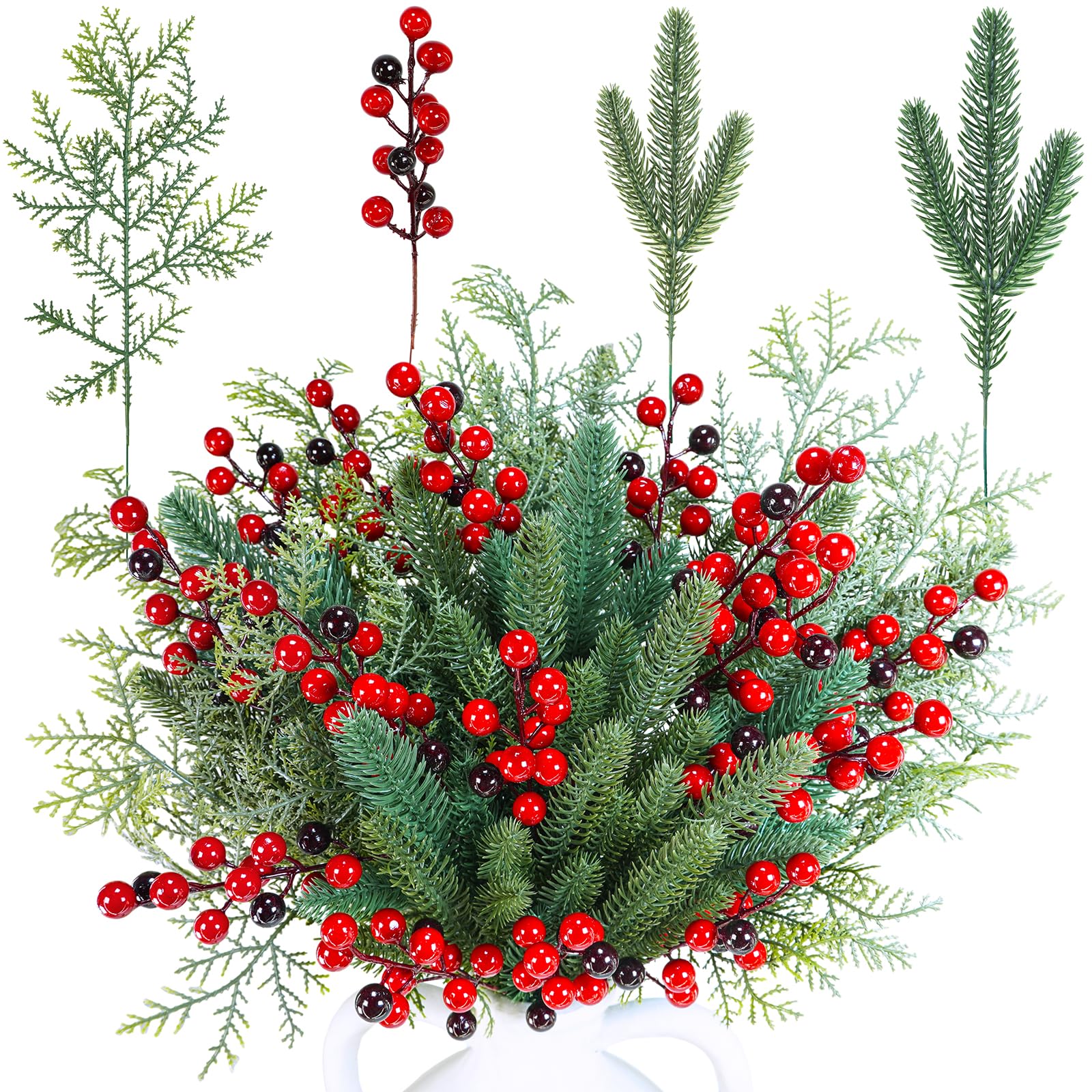 Amazon.com: Winlyn 60 Pcs Christmas Artificial Pine Branches Red Berry ...